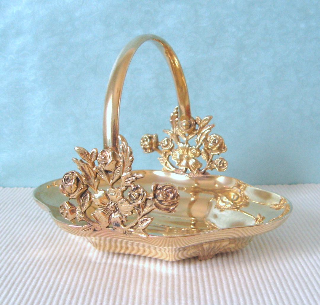 Bowl Solid Brass Roses Flowers Confectionery Bowl Serving Bowl 60s Bath ...