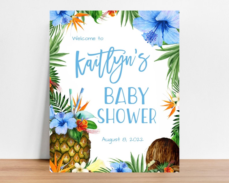 Tropical Baby Shower Welcome Sign, Blue Aloha Luau, Floral Hibiscus ...