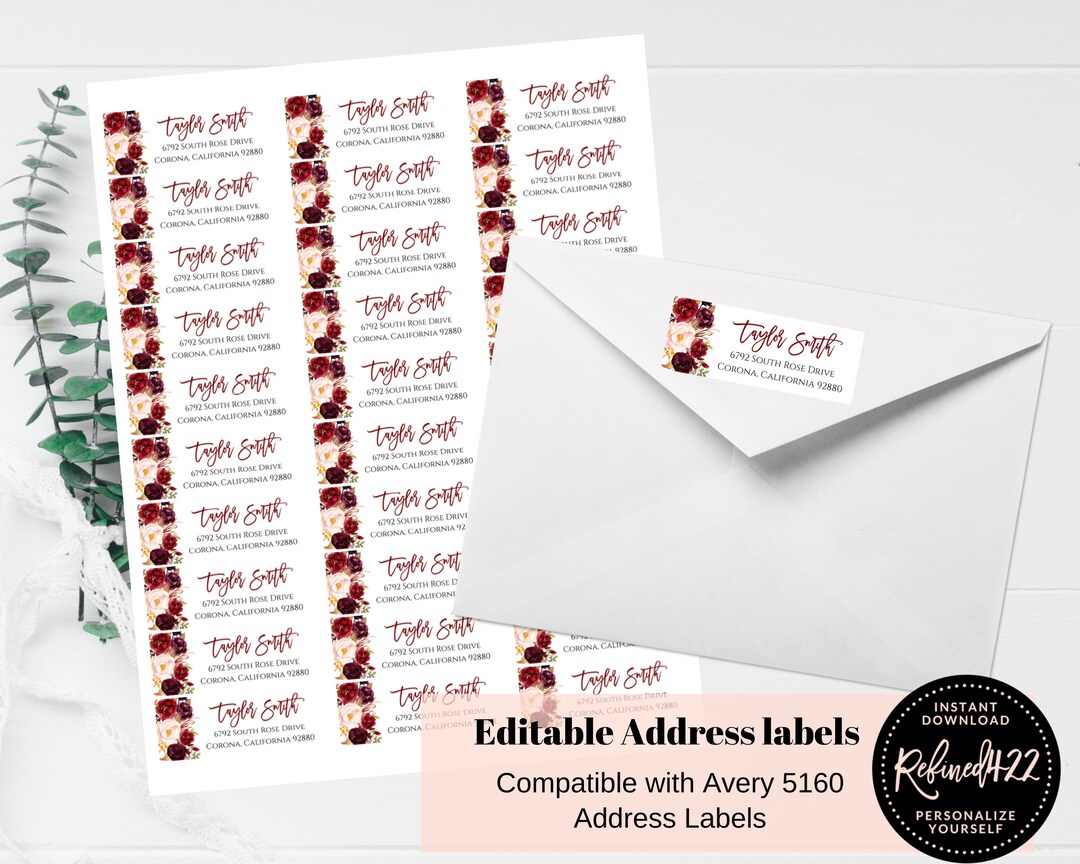 Floral Return Address Labels, Editable Address Label Template, Burgundy ...
