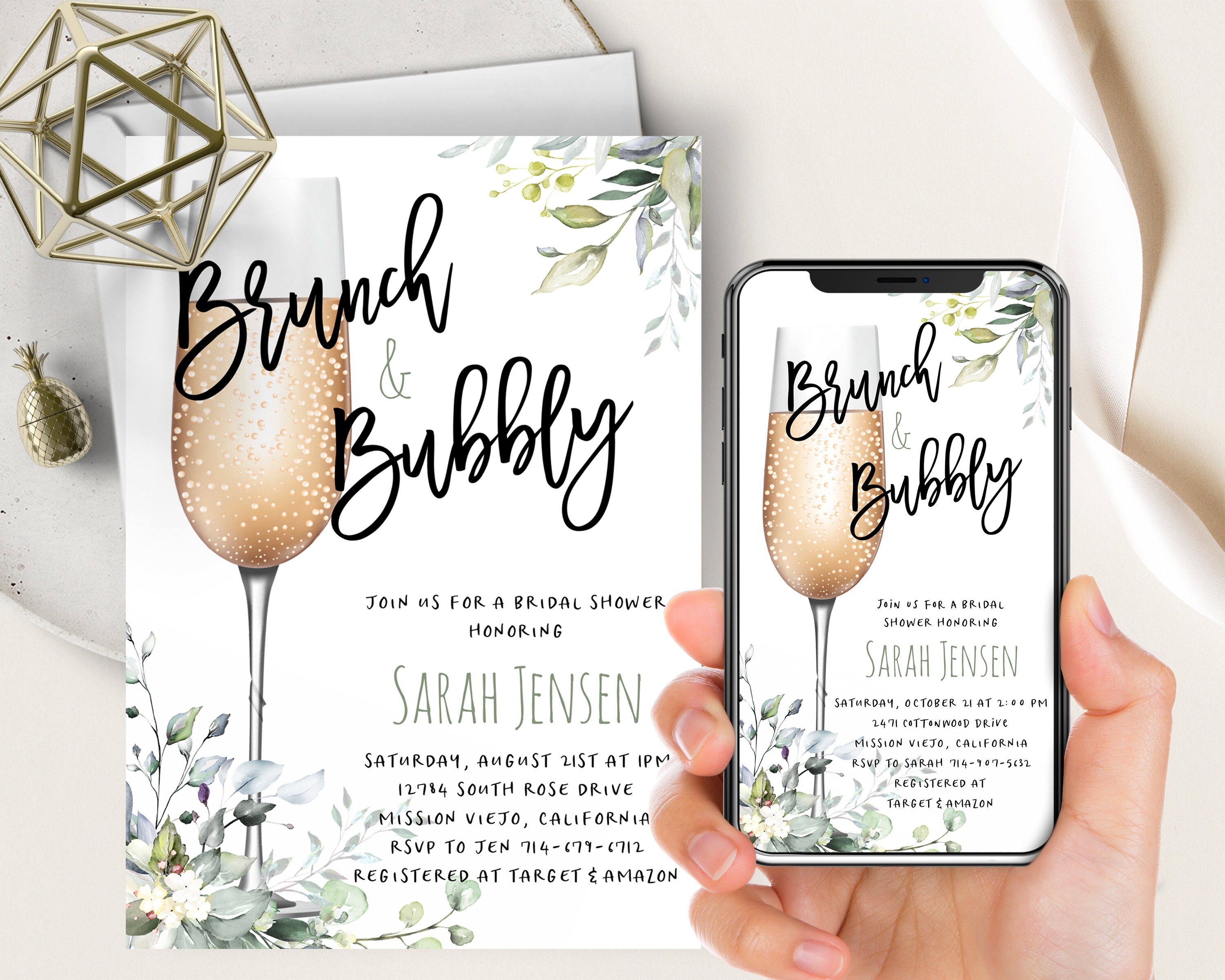 Boho Greenery Brunch and Bubbly Phone Eviteprintable Invite - Etsy
