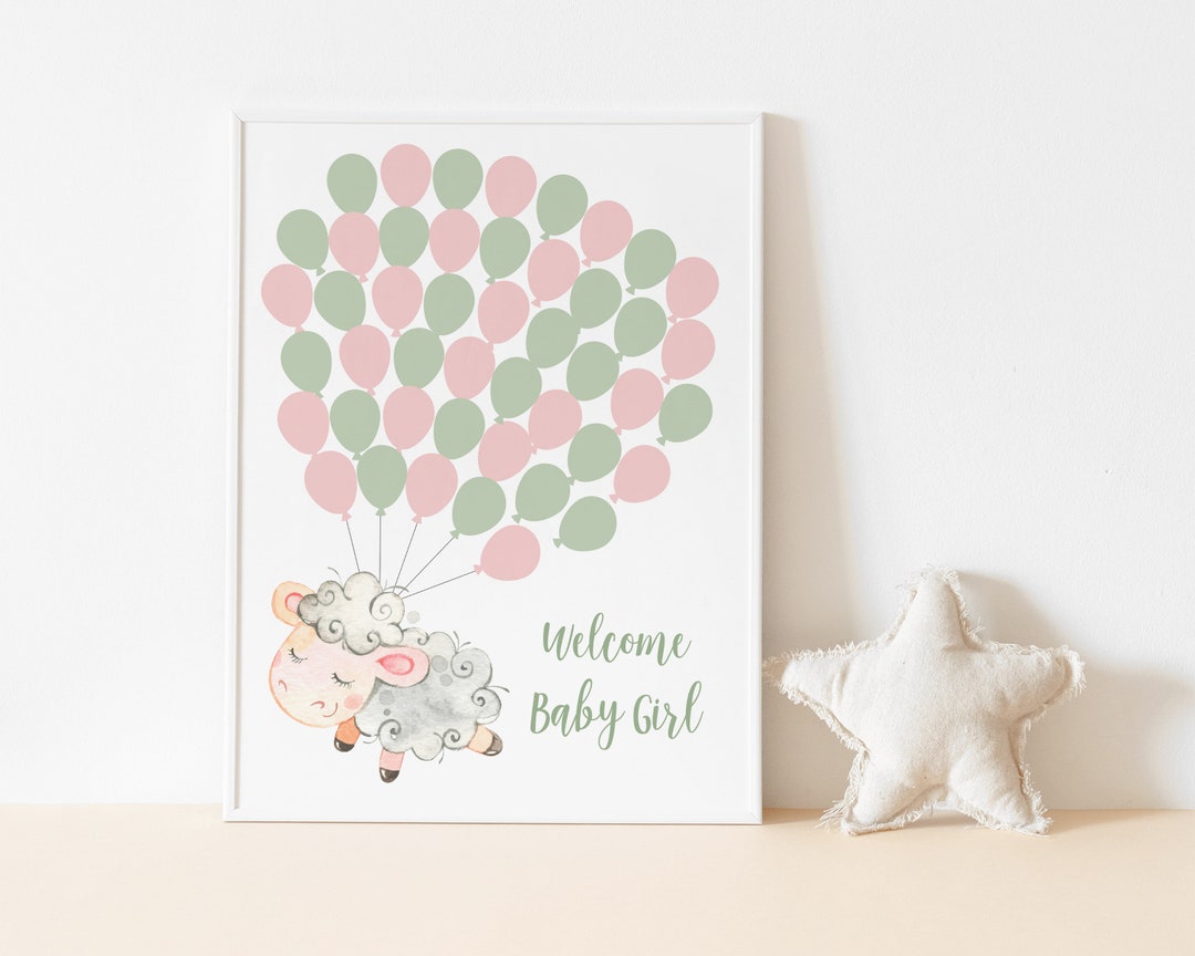 Baby Lamb Balloon Guest Book Poster, Sage Green and Pink Balloons ...