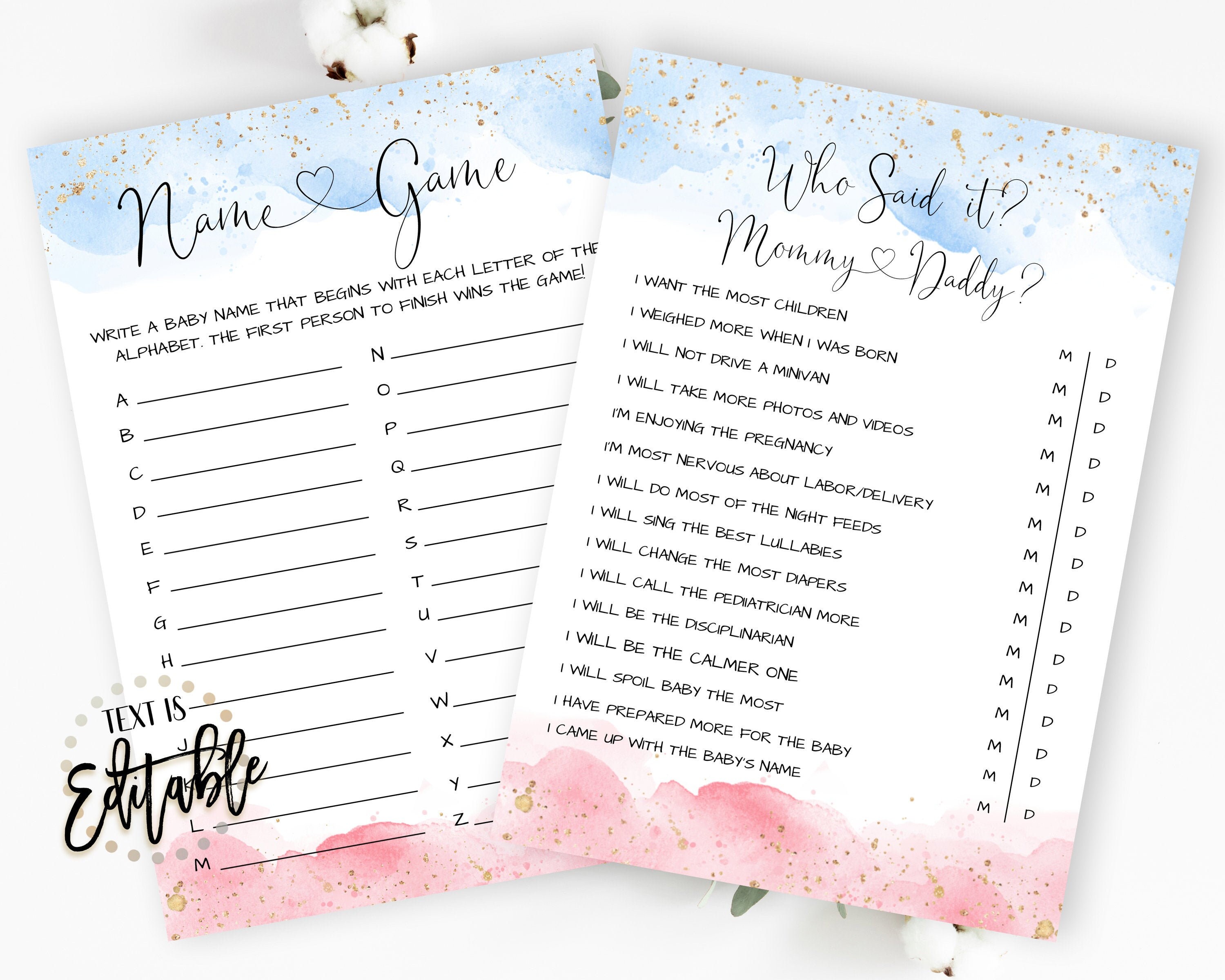 Watercolor Gender Reveal Games Guess Who Mommy or Daddy A-Z | Etsy