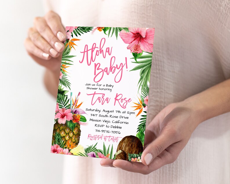 Pink Aloha Baby Shower Invite, Tropical Luau, Pink Floral Hibiscus ...