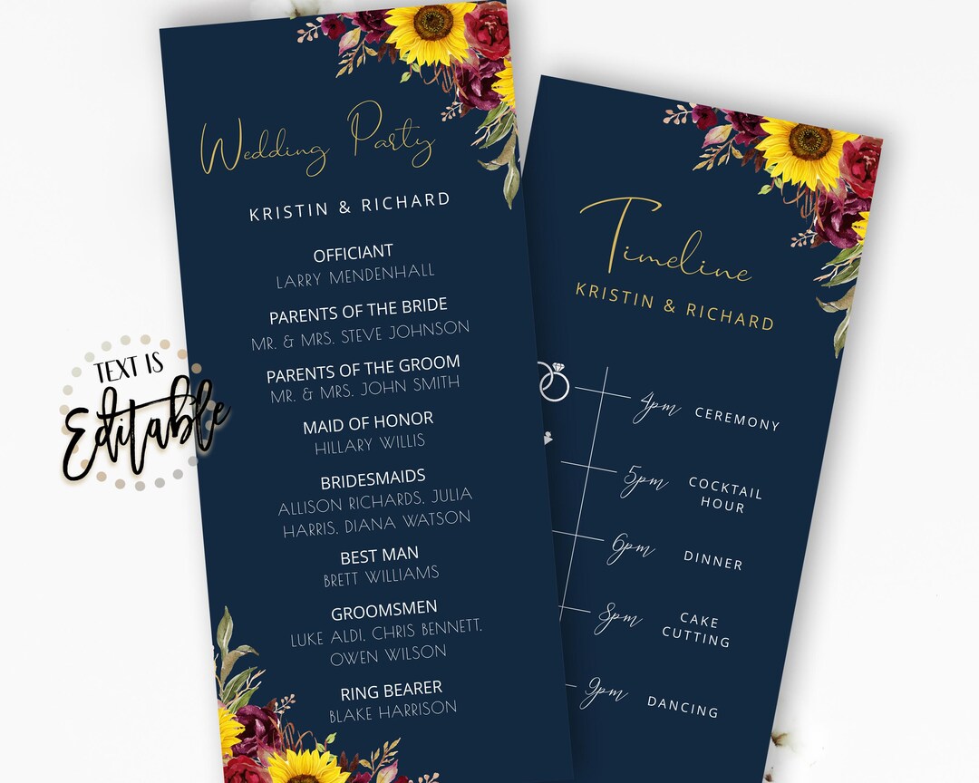 Sunflower Wedding Timeline Program: Navy, Gold, and Maroon (digital ...