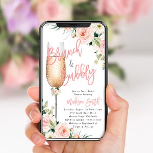 Pink Floral Brunch and Bubbly Phone Evite, Bridal Shower Electronic ...