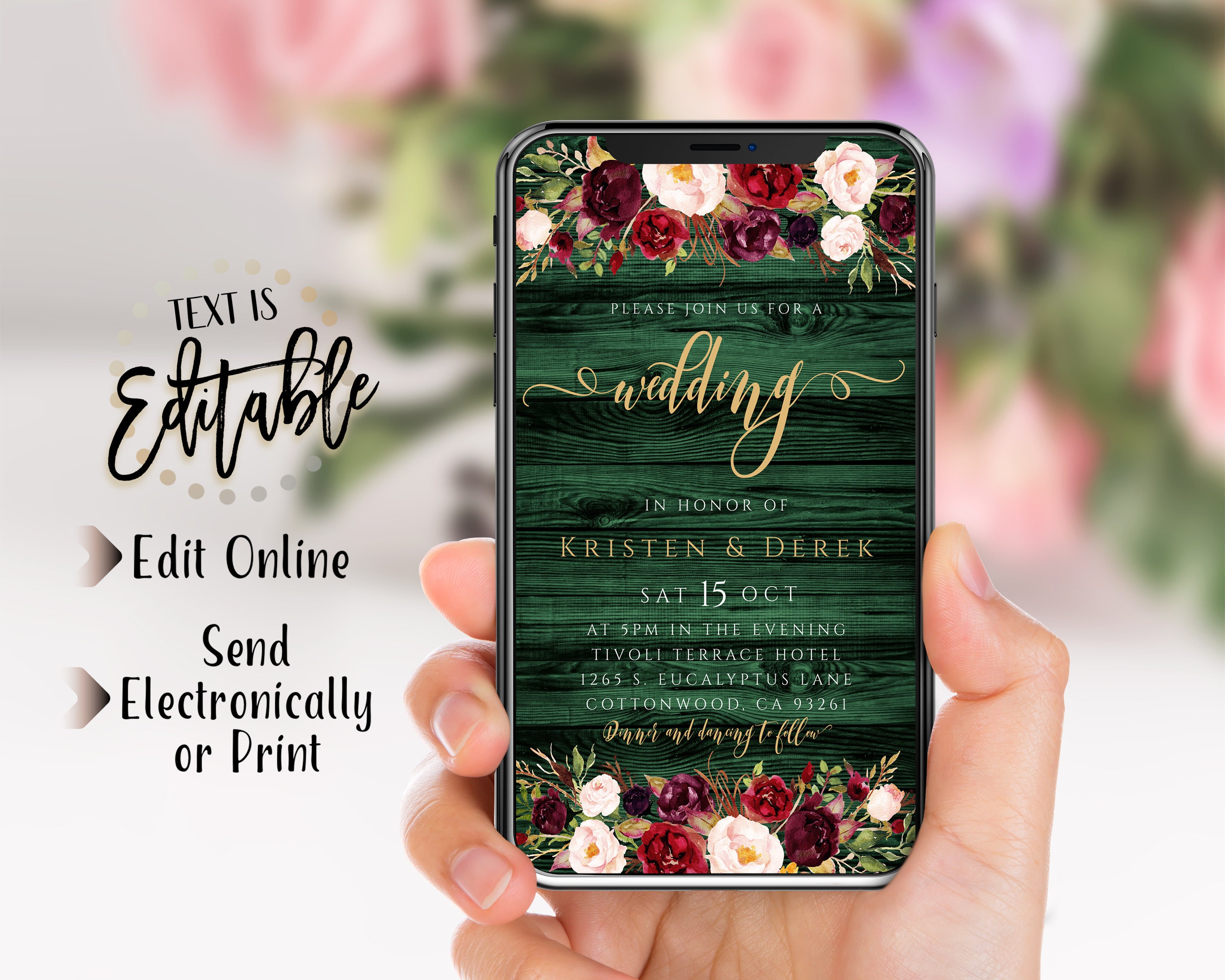Emerald Green Floral Wedding Phone Eviteprintable Invite - Etsy