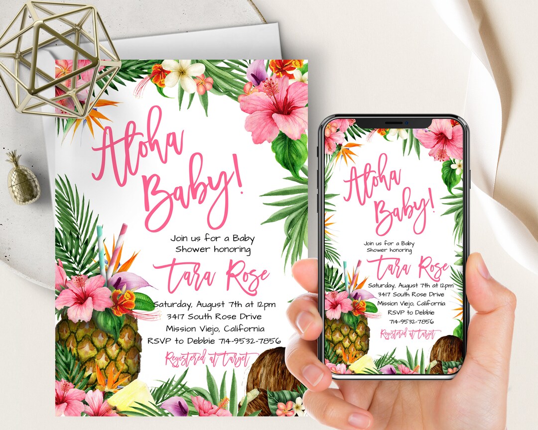Girl Aloha Baby Shower Phone Evite+printable Invite, Tropical Luau ...