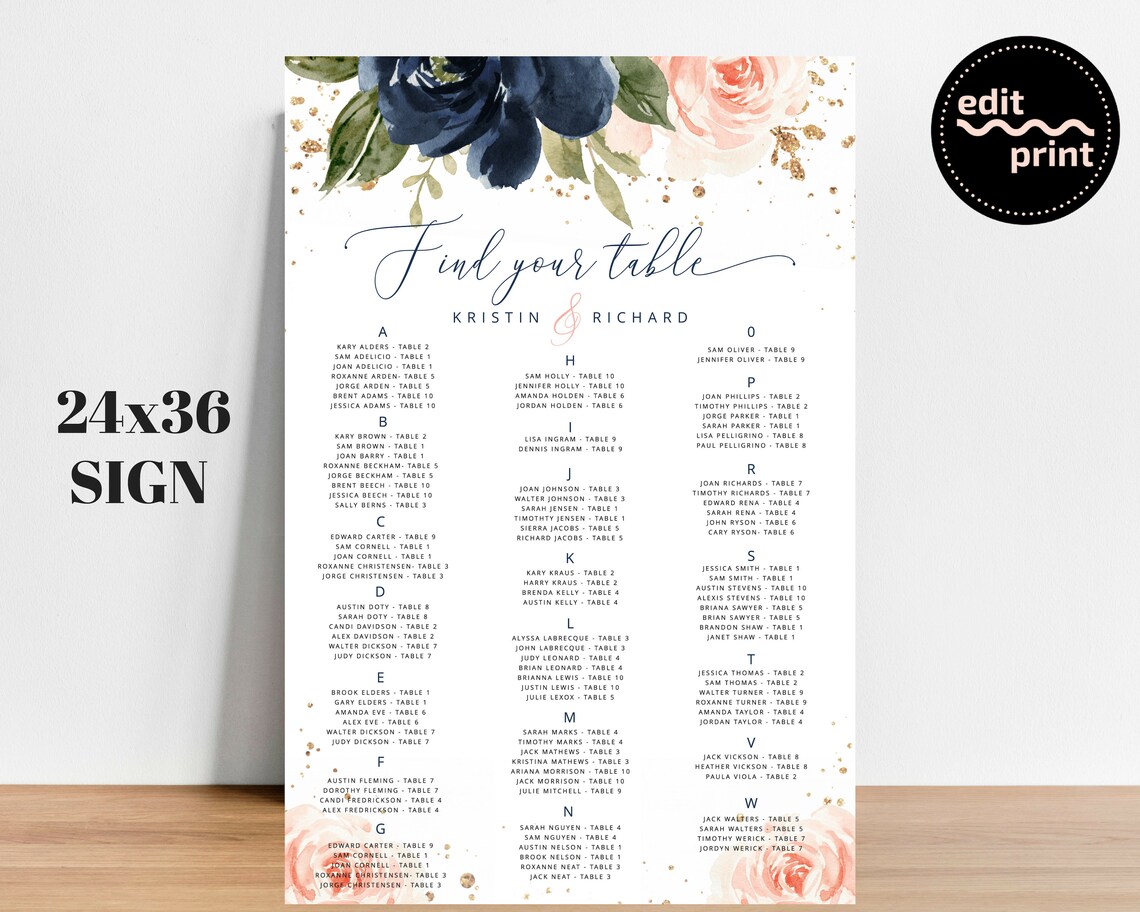 Wedding Seating Chart, Alphabetical Seating Chart, Gold Blush Pink Navy ...