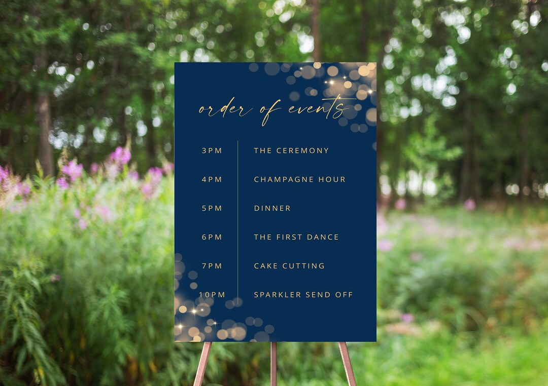 Order of Events, Wedding Timeline, Navy Blue and Gold, Champagne Bokeh ...