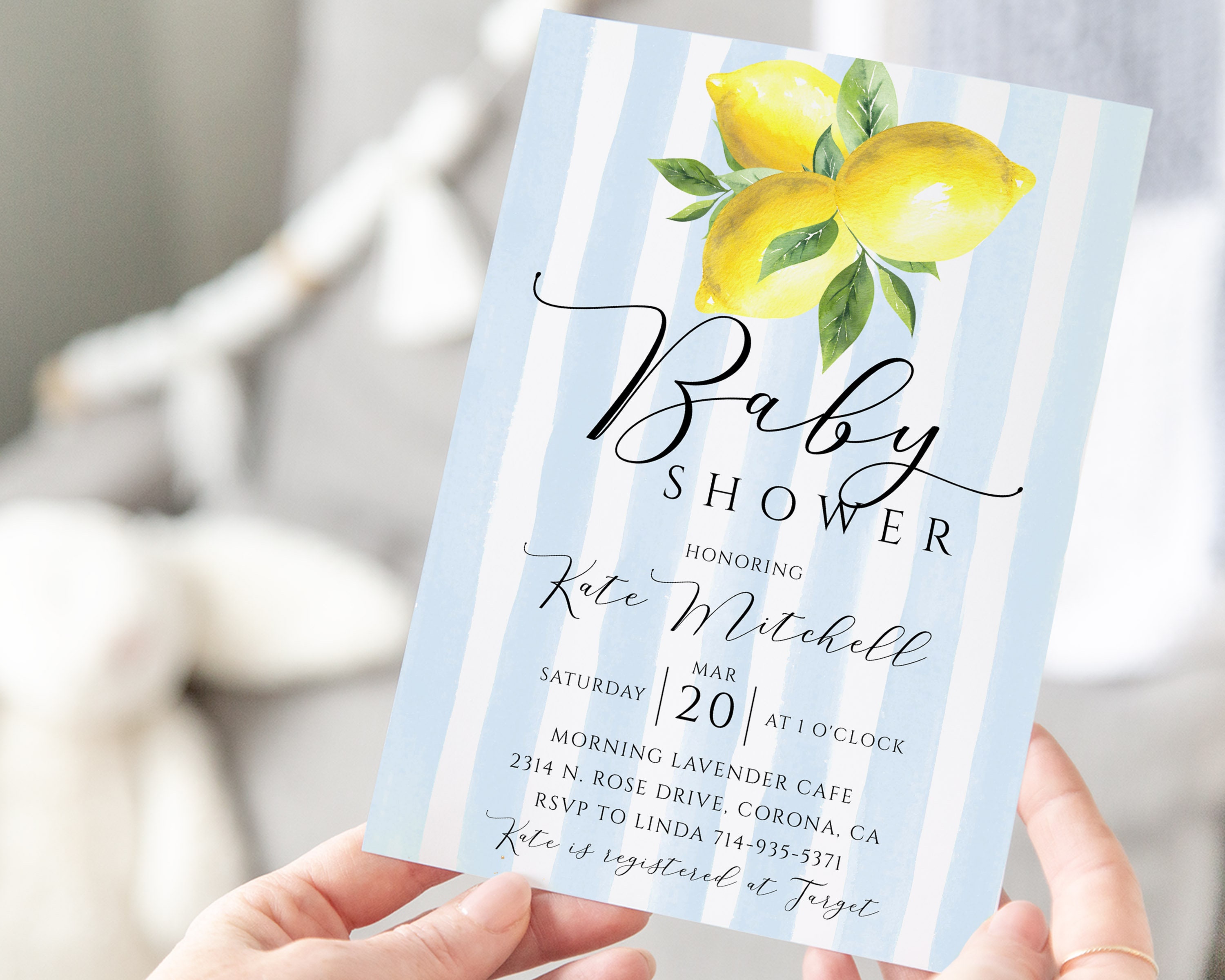 Blue Lemon Baby Shower Invite Set Pastel Blue Watercolor - Etsy