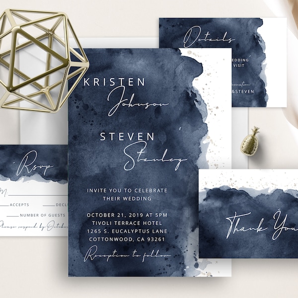 Navy Blue and Silver Wedding Invitations - Etsy