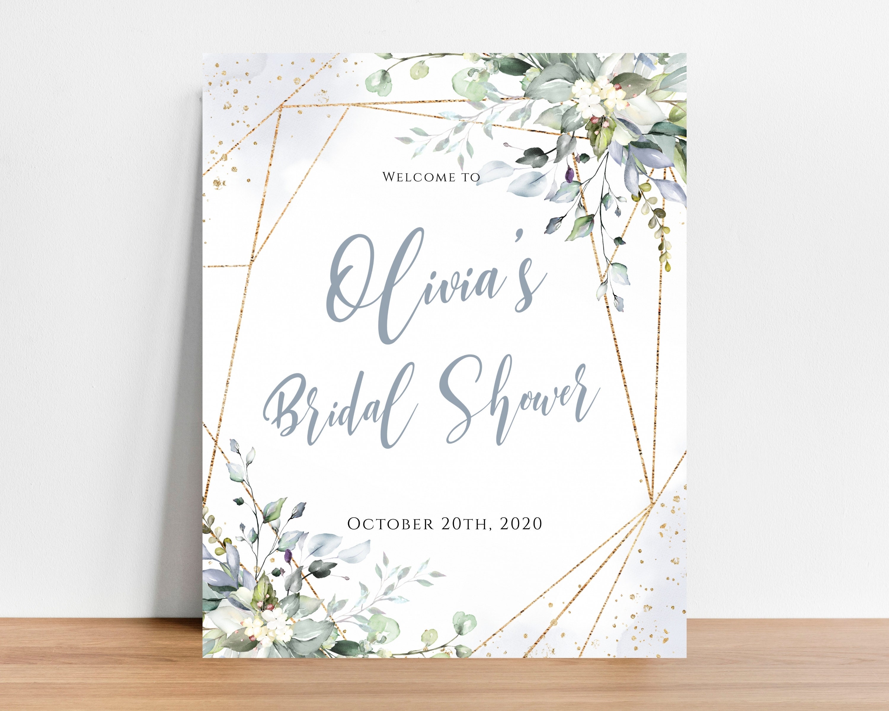 Greenery Bridal Shower Welcome Sign, Botanical Eucalyptus, Dusty Blue ...