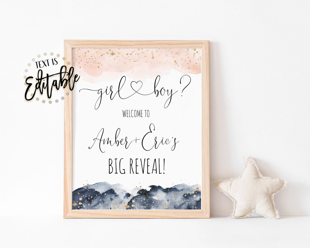 Gold Glitter Gender Reveal Welcome Sign, Blush and Navy Blue Watercolor ...