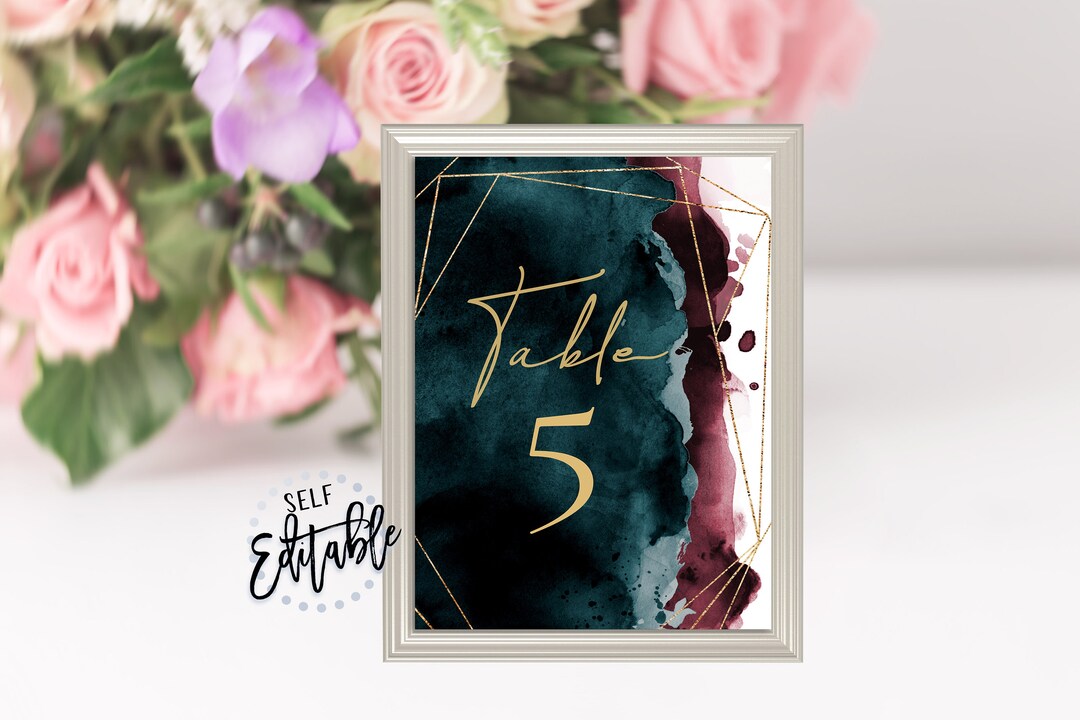 Wedding Table Numbers Template, Teal & Burgundy Watercolor Splash ...