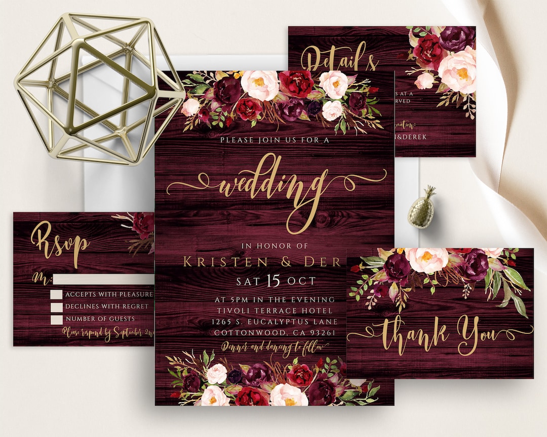 Rustic Marsala Floral Wedding Invite Set, Burgundy Wood Background ...
