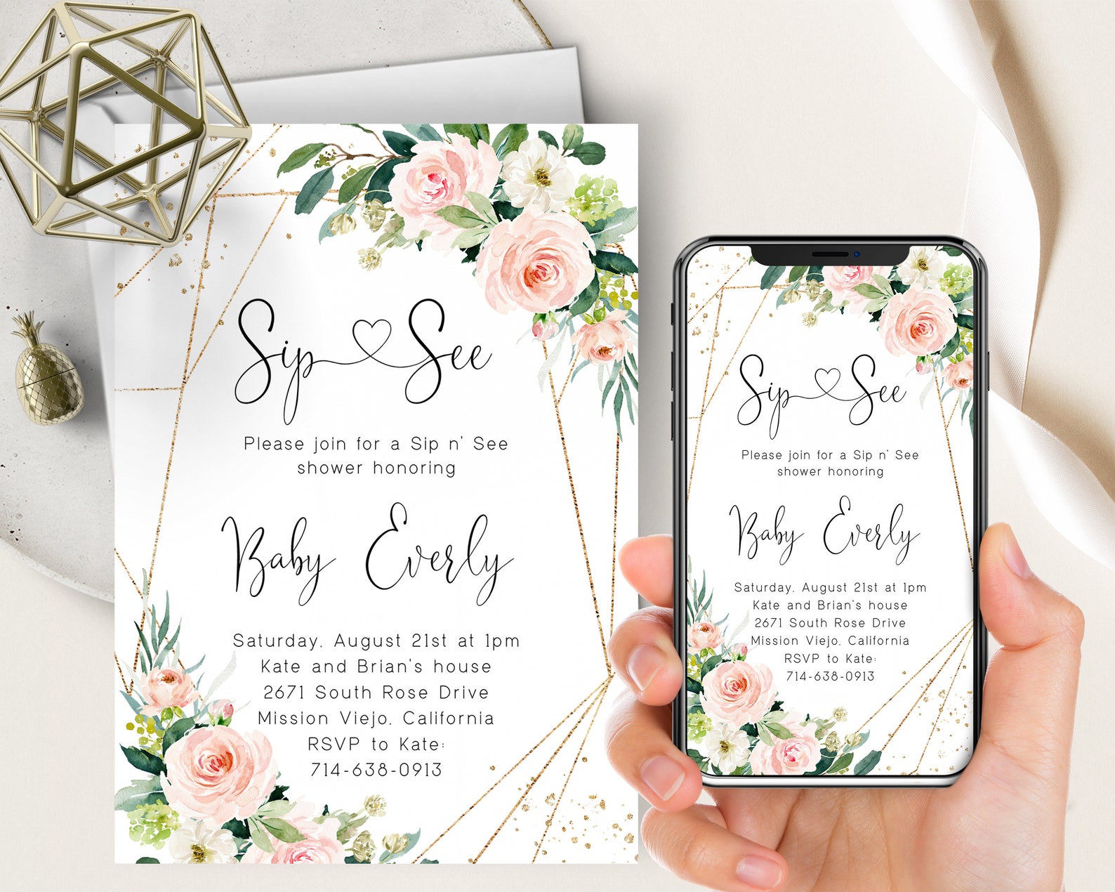 Pink Floral Sip N' See Phone Eviteprintable Invite, Baby Shower, Blush ...