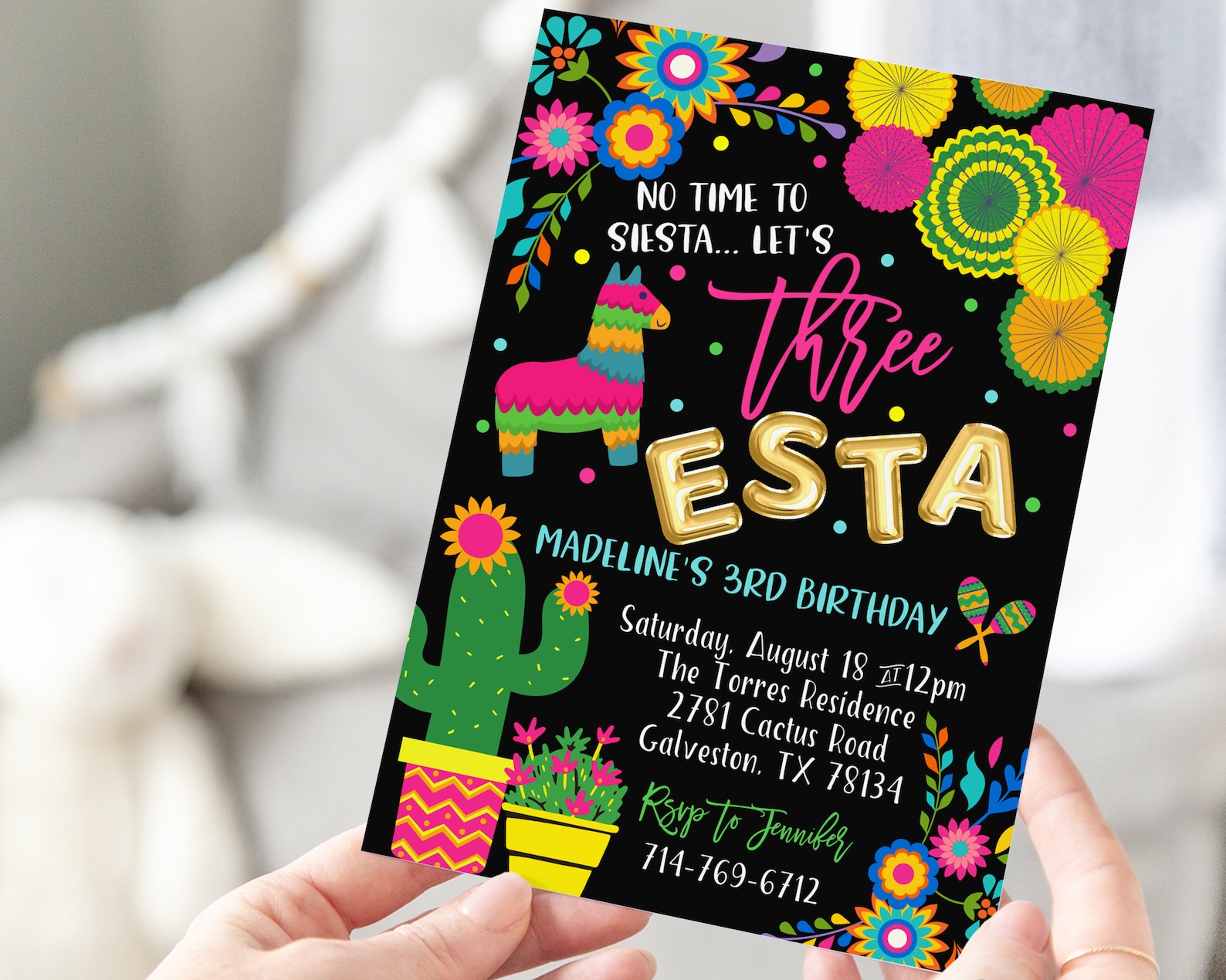Three-esta Birthday Party Invitation, Let's Fiesta, Mexican Fiesta ...