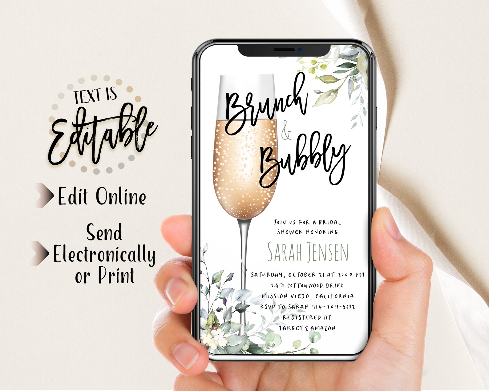 Boho Greenery Brunch And Bubbly Phone EvitePrintable Invite | Etsy
