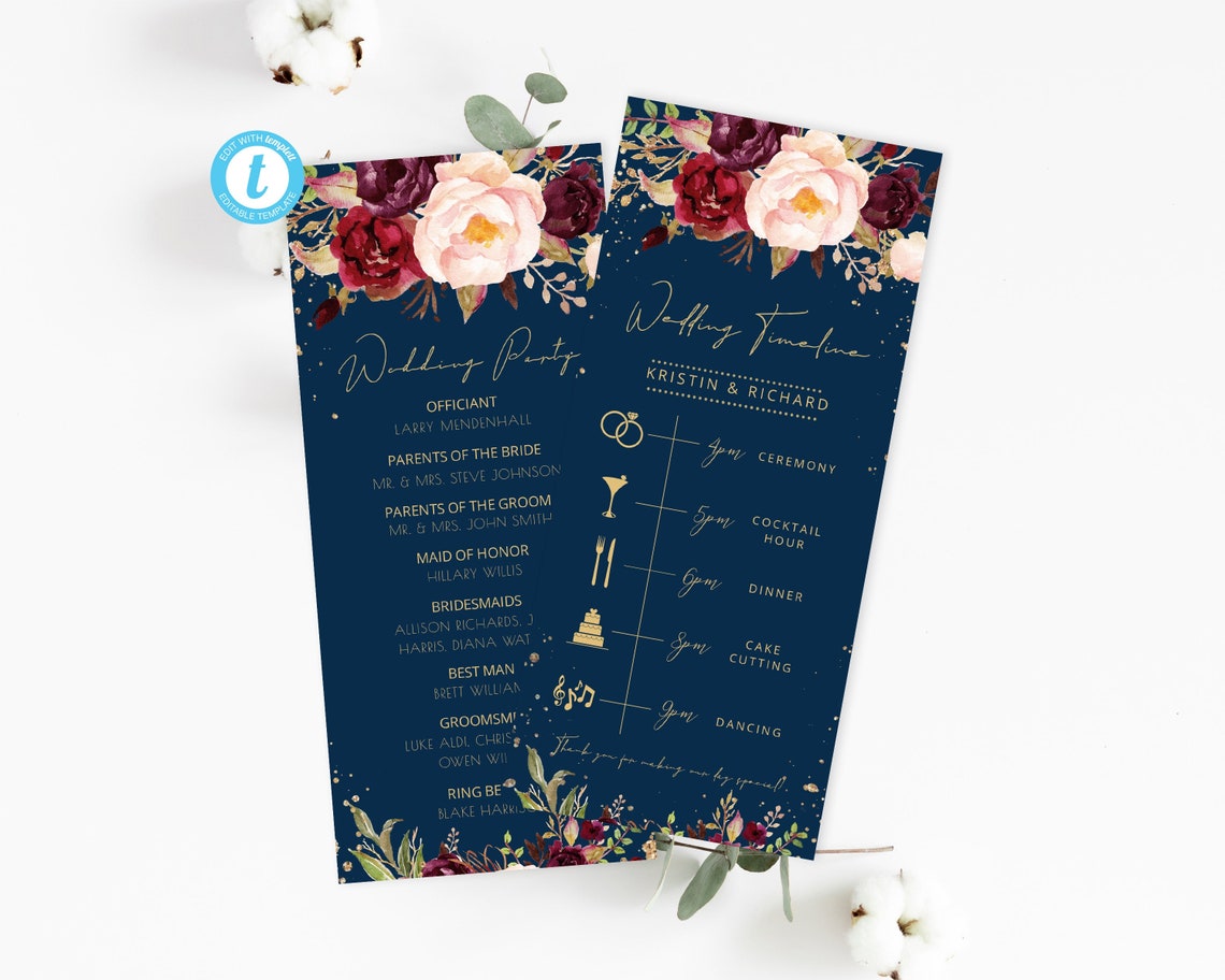 Editable Wedding Timeline Burgundy Marsala Floral Navy Blue - Etsy