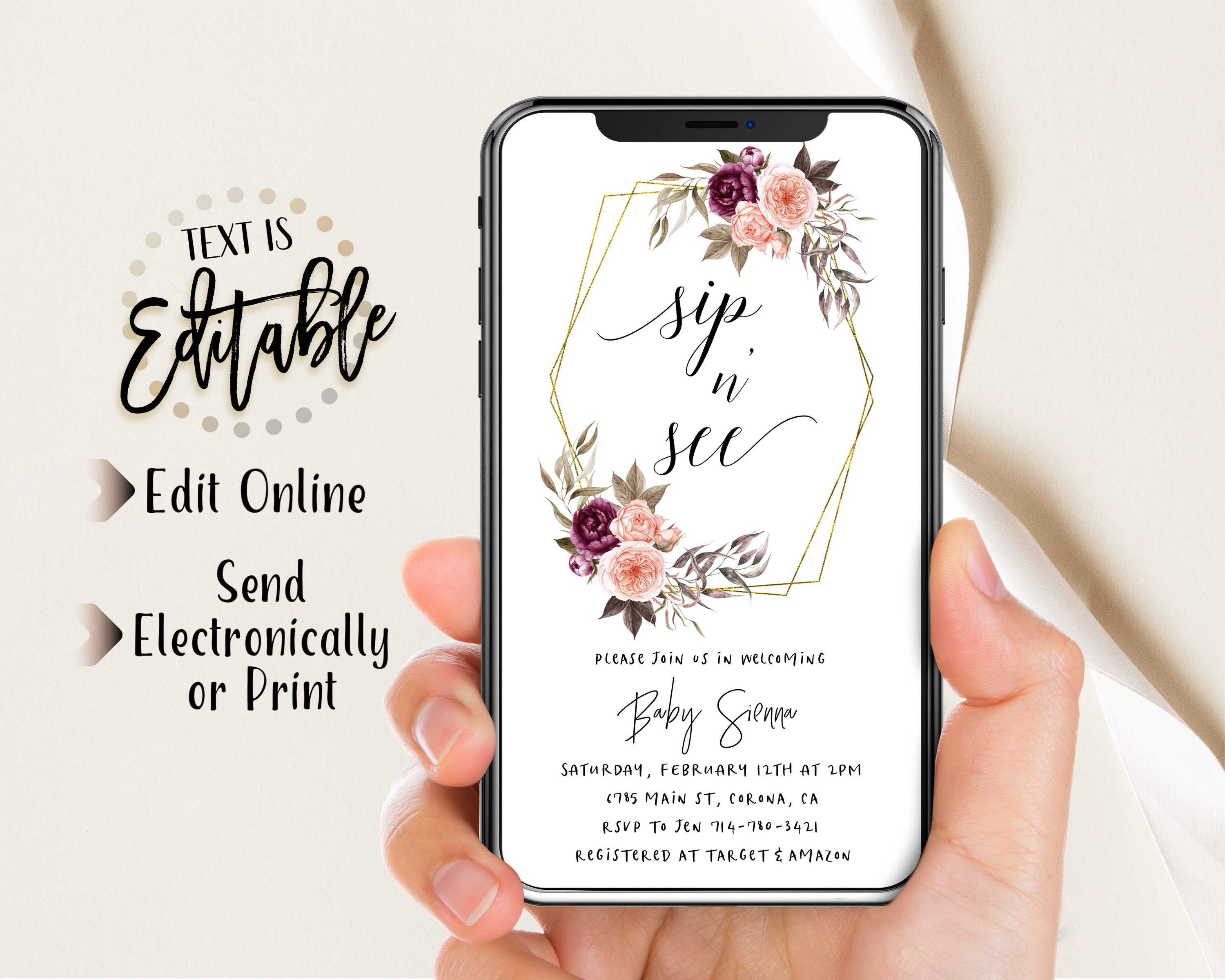 Floral Sip And See Phone EvitePrintable Invite Welcome Baby | Etsy