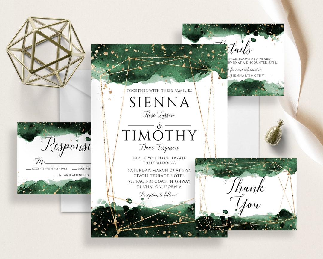 Emerald & Gold Wedding Invitation Set, Gold Geometric Frame, Gold ...