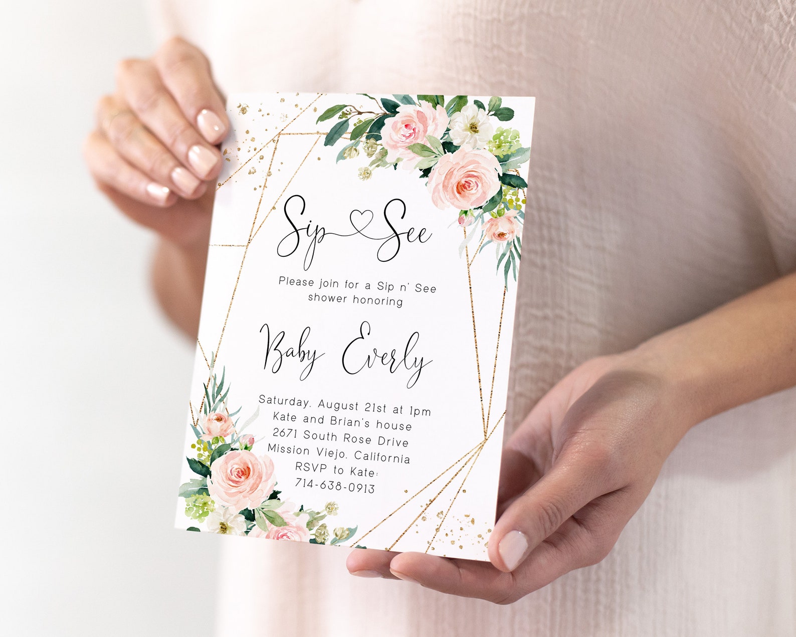 Pink Floral Sip N' See Phone Eviteprintable Invite, Baby Shower, Blush ...