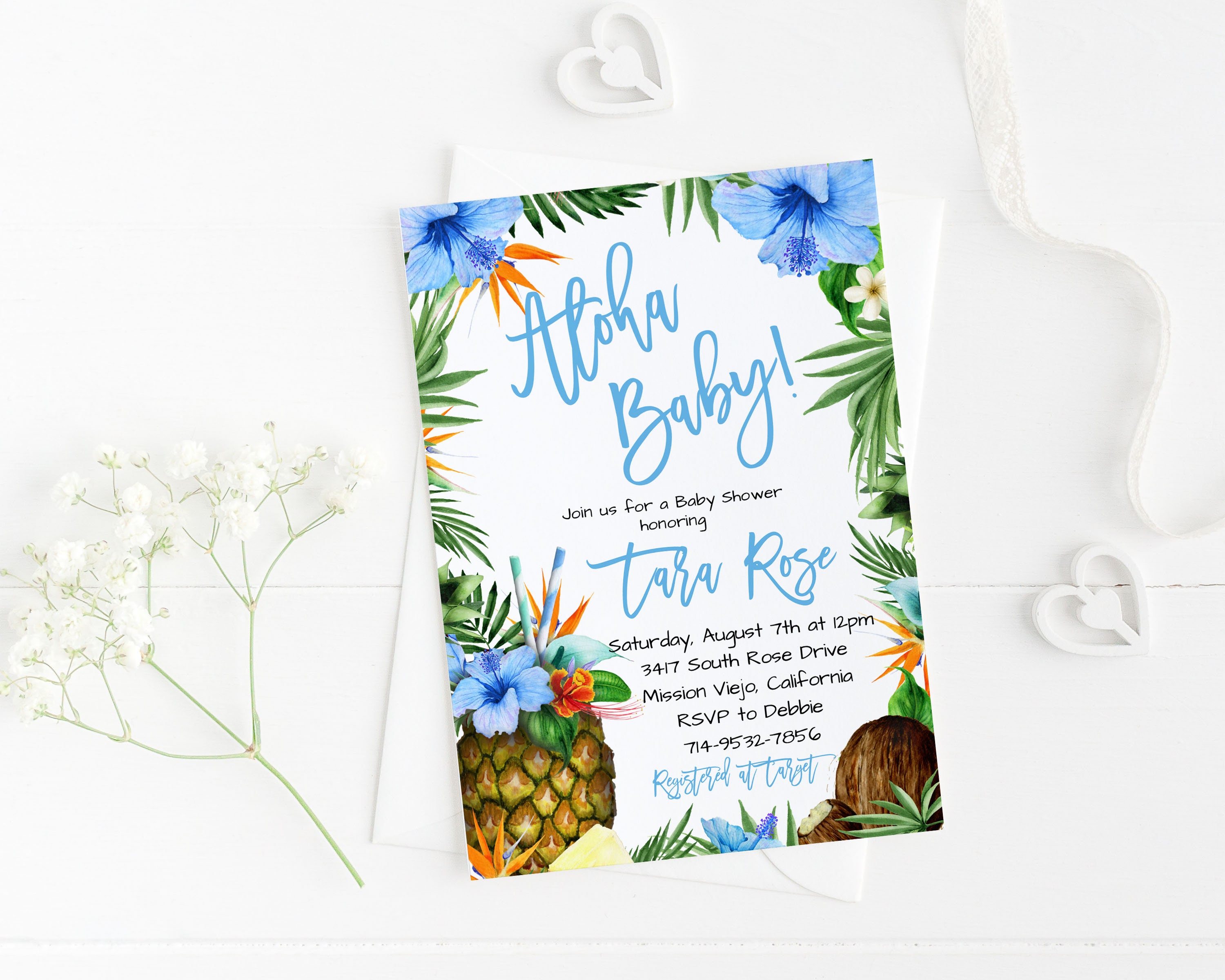Blue Aloha Baby Shower Invite Tropical Luau Boy Invitation | Etsy