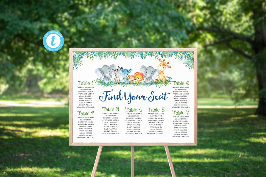 Safari Animals Seating Chart, Baby Shower Table Seating Chart, Jungle ...