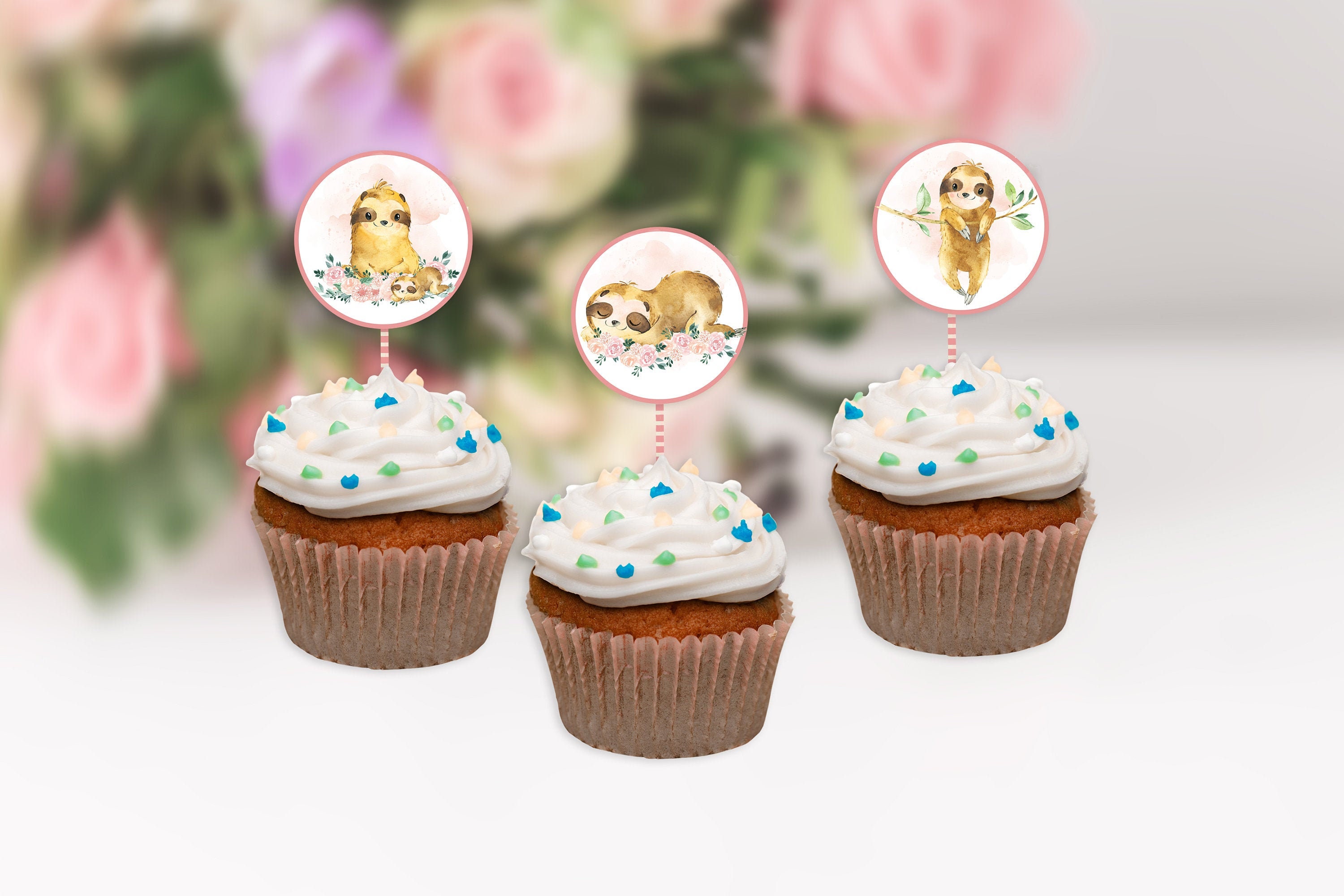 Sloth Cupcake Toppers 2 Inch Rounds Cutouts Pink Floral - Etsy
