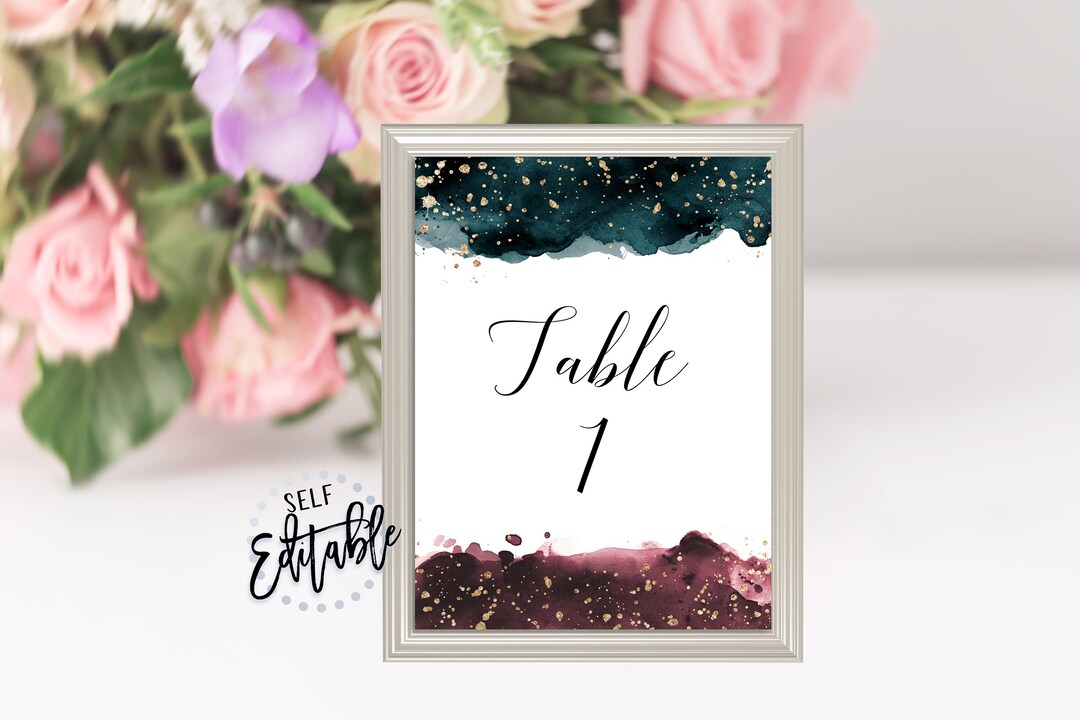 Teal and Burgundy Table Numbers Template, Gold Glitter, Teal Blue Green ...