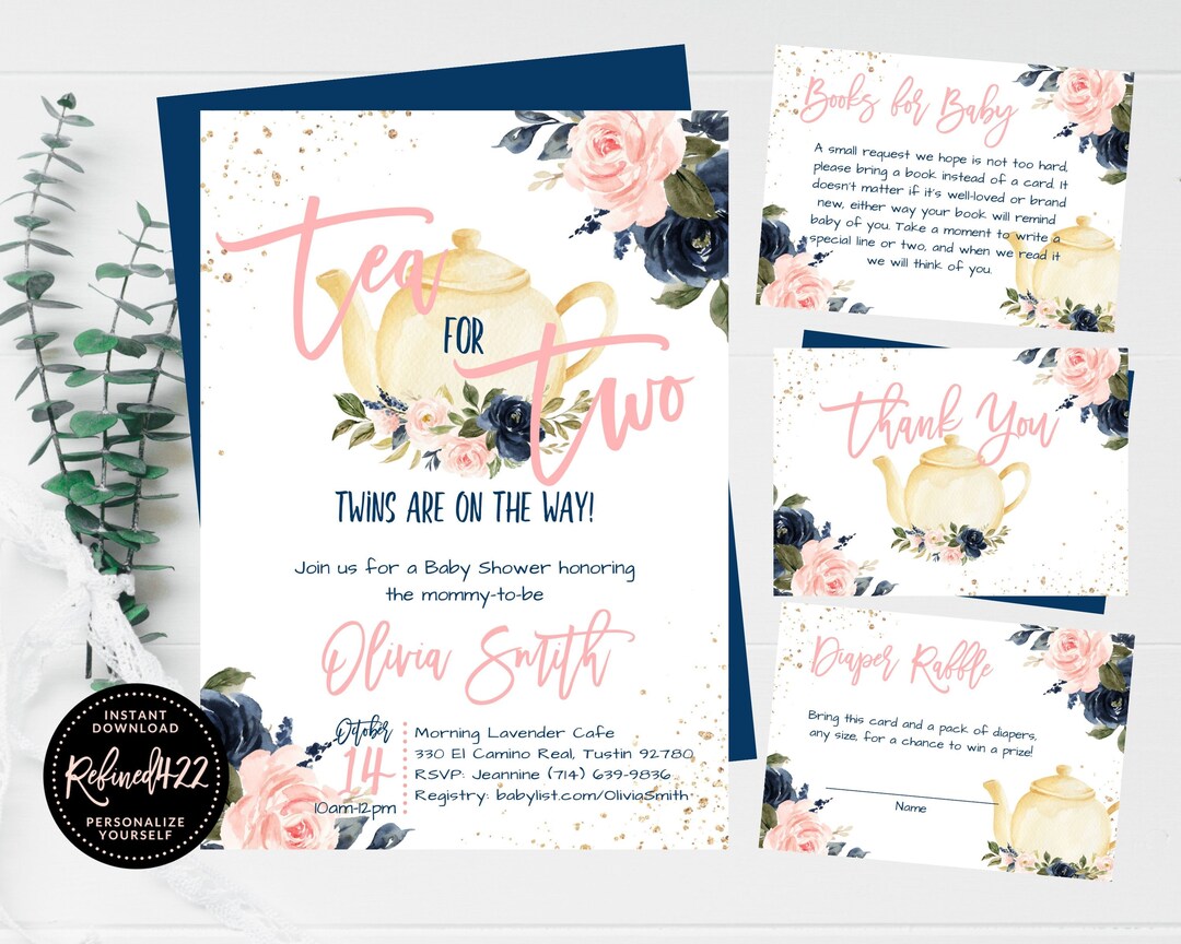 Twins Tea for Two Invite, Babies Are Brewing Invitation Set, Pink Navy ...