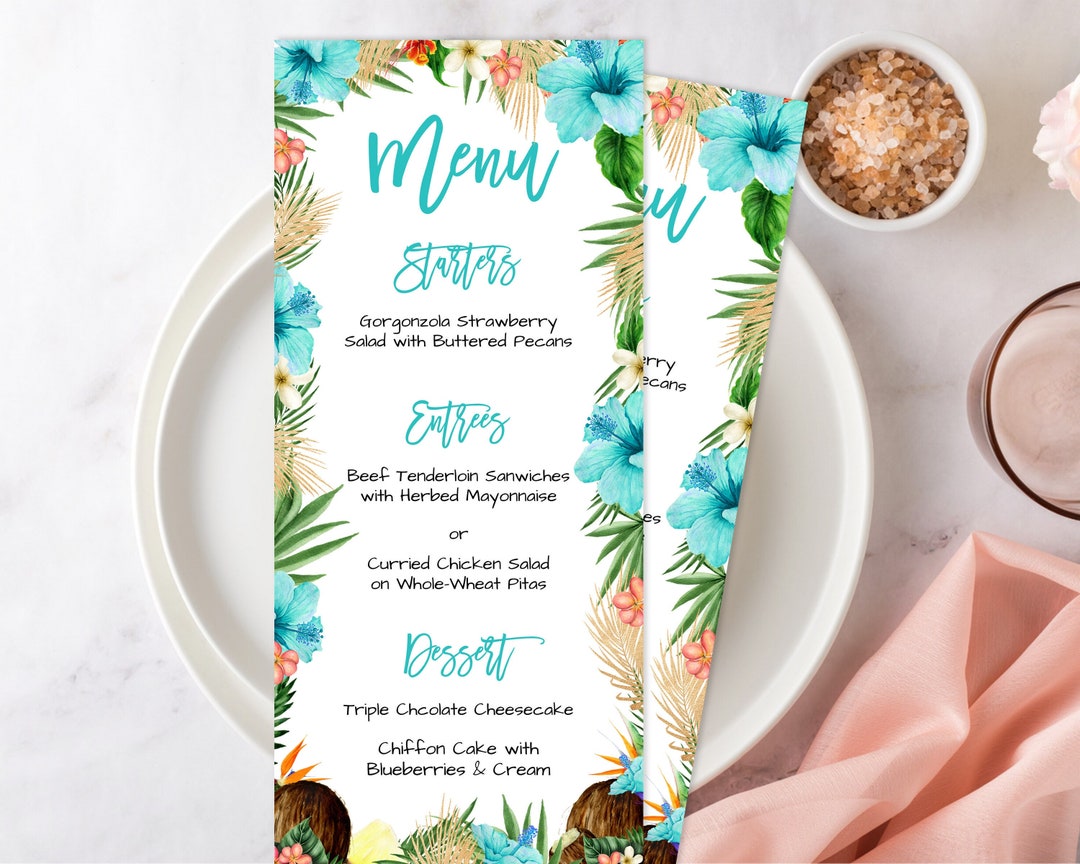 Teal & Coral Tropical Luau Menu Template, Gold, Aloha Baby Shower ...