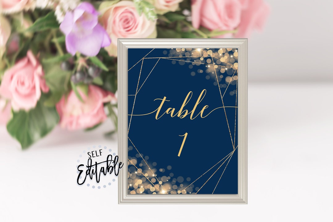 Navy Blue & Gold Wedding Table Numbers, Champagne Bokeh Lights ...