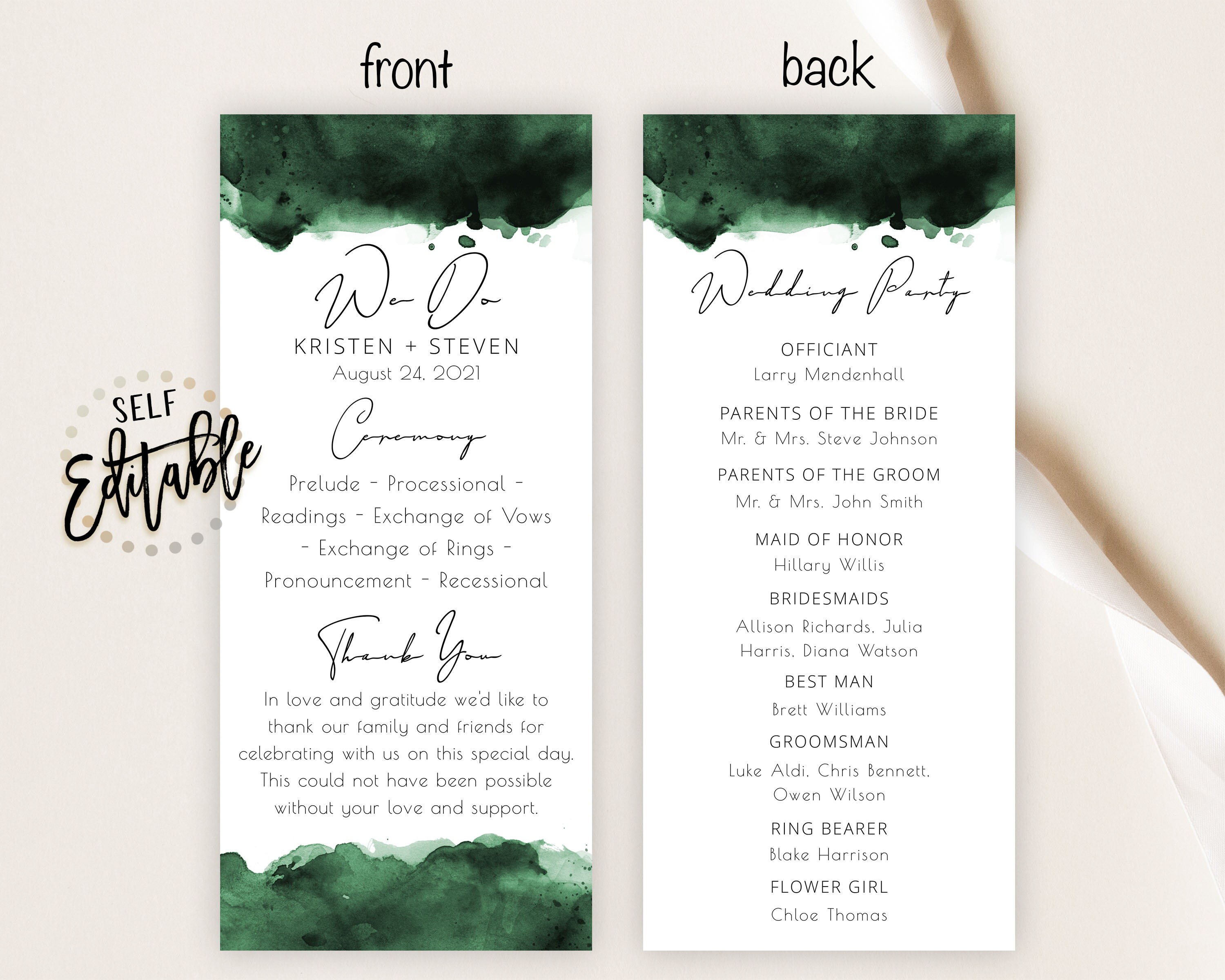 Emerald Watercolor Wedding Program Template Emerald Green - Etsy