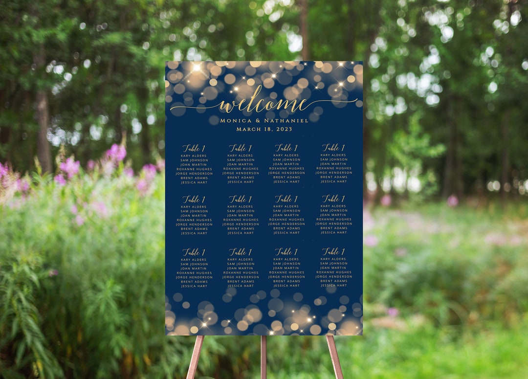 Navy & Gold Wedding Seating Chart, Champagne Bokeh Lights, Table ...