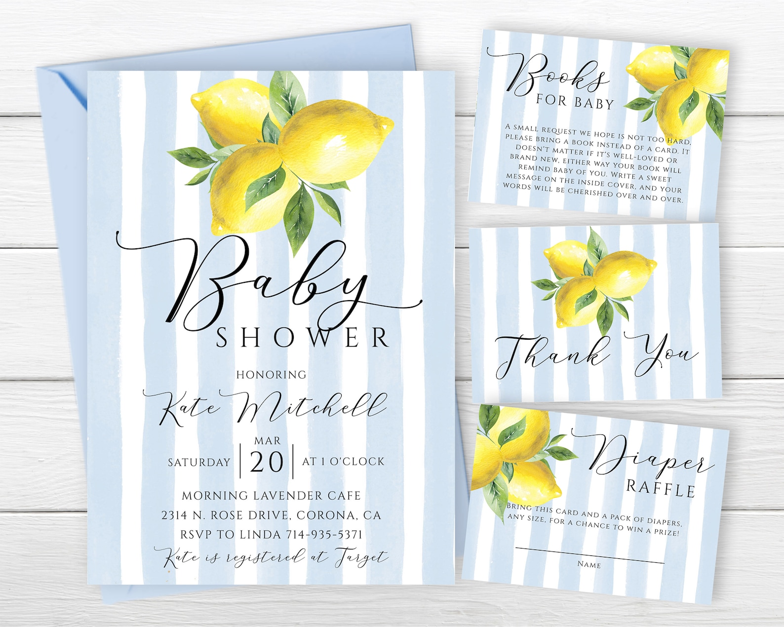 Blue Lemon Baby Shower Invite Set, Pastel Blue Watercolor Stripes ...