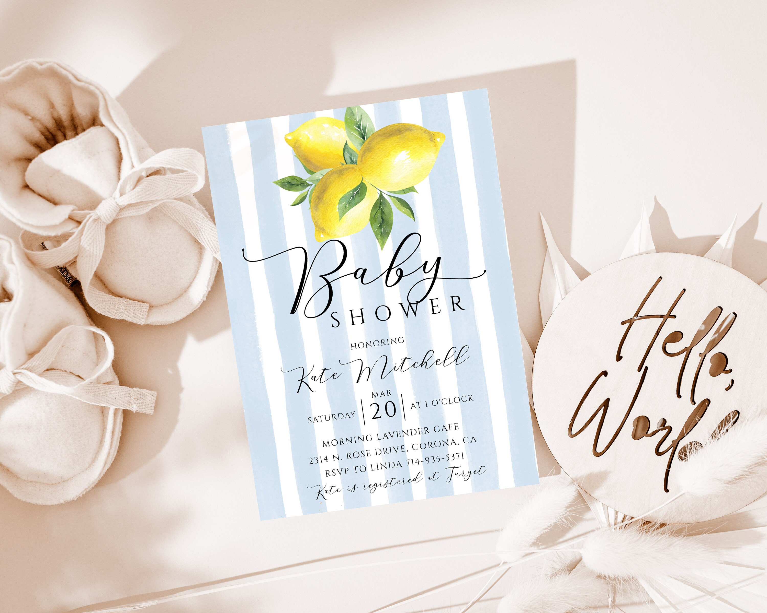 Blue Lemon Baby Shower Invite Set, Pastel Blue Watercolor Stripes ...