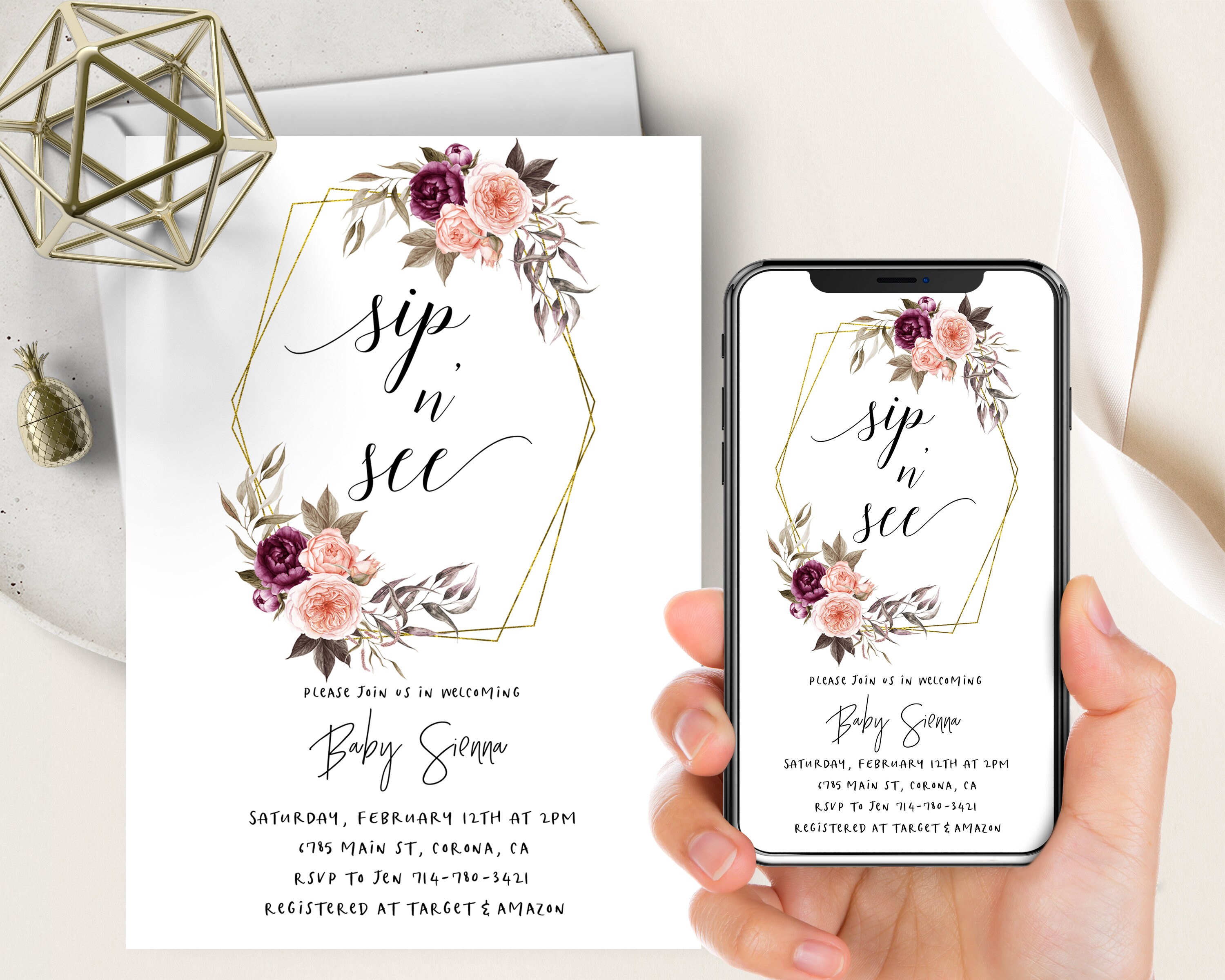 Floral Sip And See Phone EvitePrintable Invite Welcome Baby | Etsy