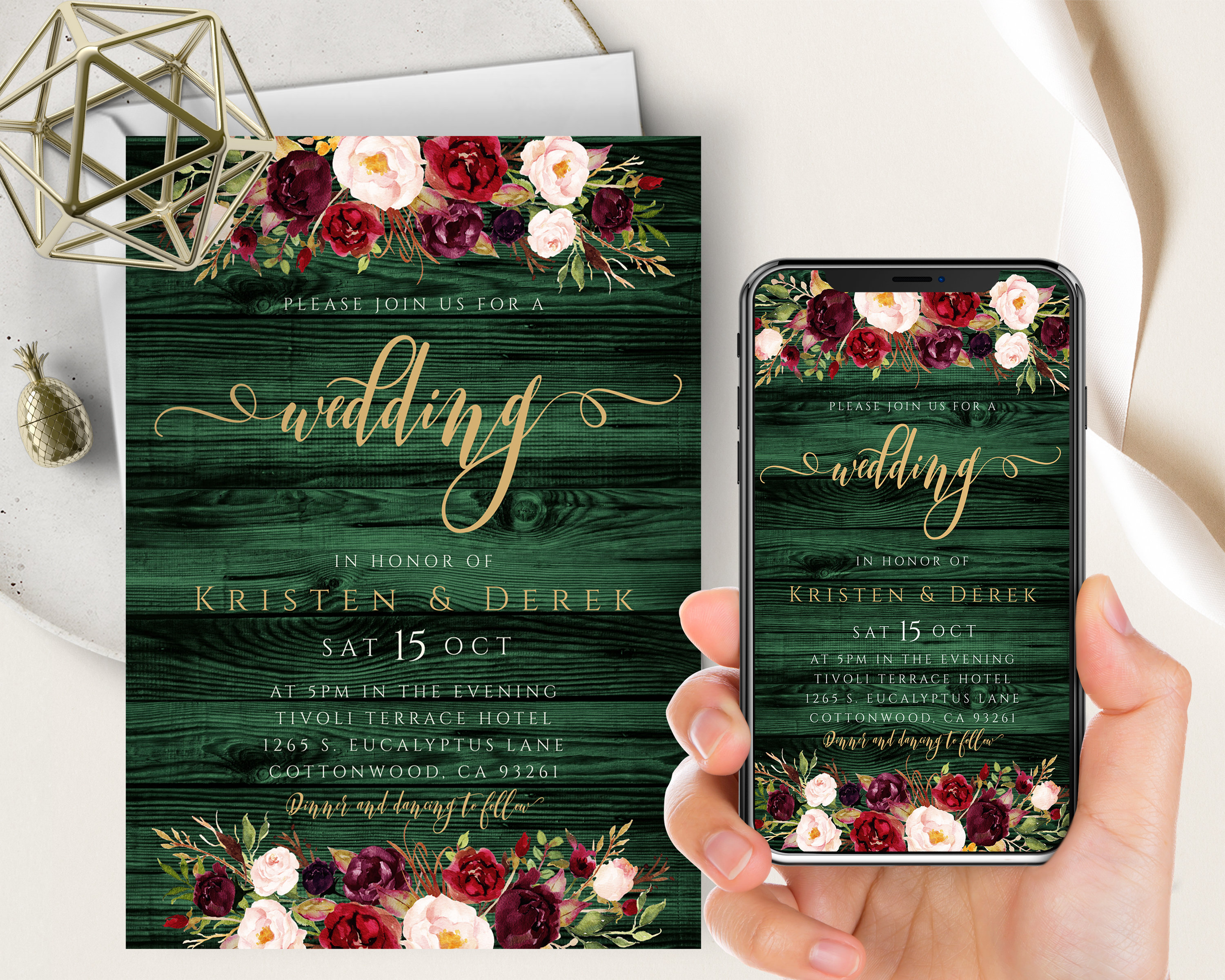 Emerald Green Floral Wedding Phone Eviteprintable Invite - Etsy