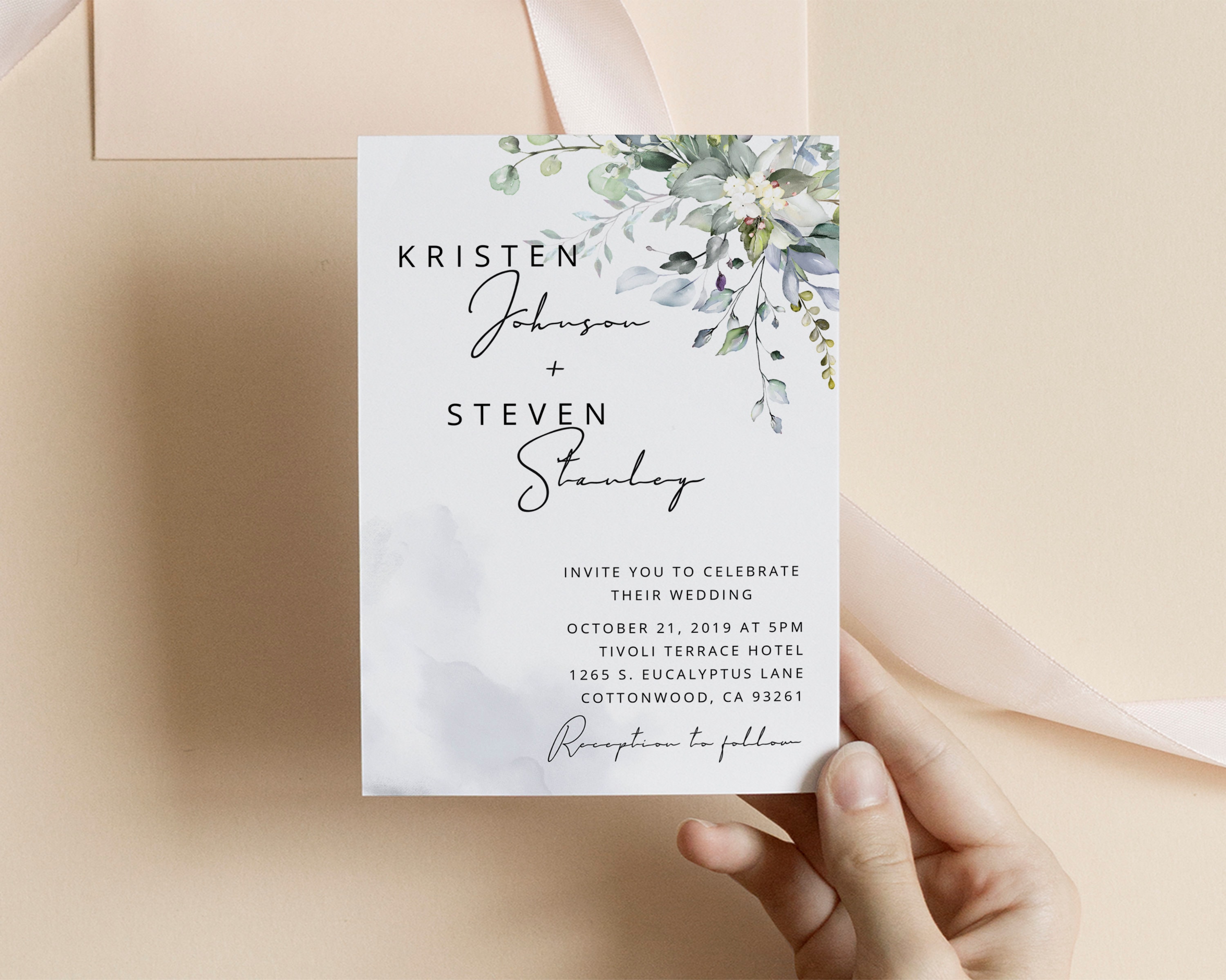 Greenery Floral Wedding Invite, Eucalyptus Succulents, Dusty Blue, Boho ...