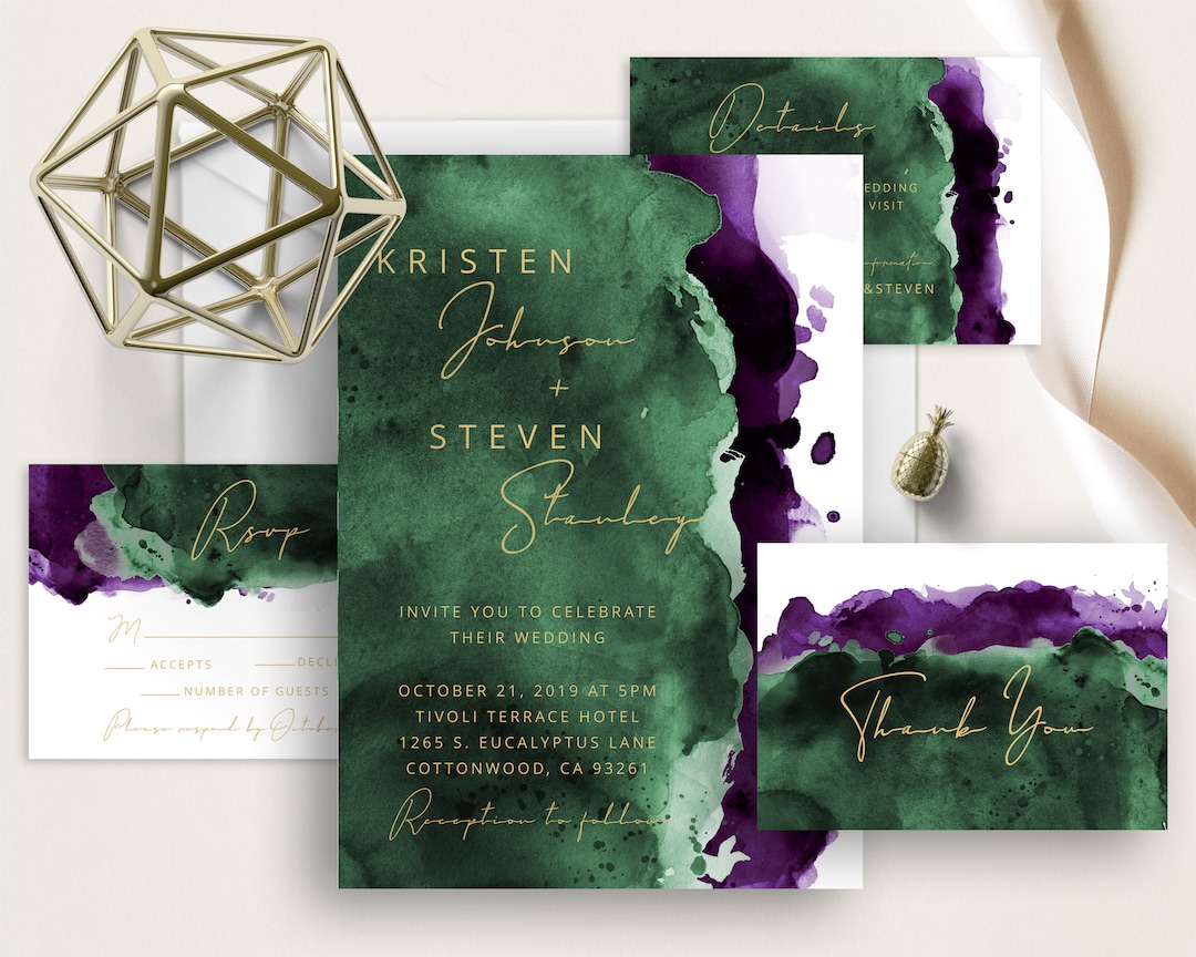 Emerald Green and Purple Watercolor Wedding Suite, Modern Calligraphy ...