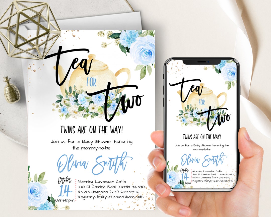 Twins Tea for Two Phone Evite+printable Invite, Blue Floral, Boy Baby ...