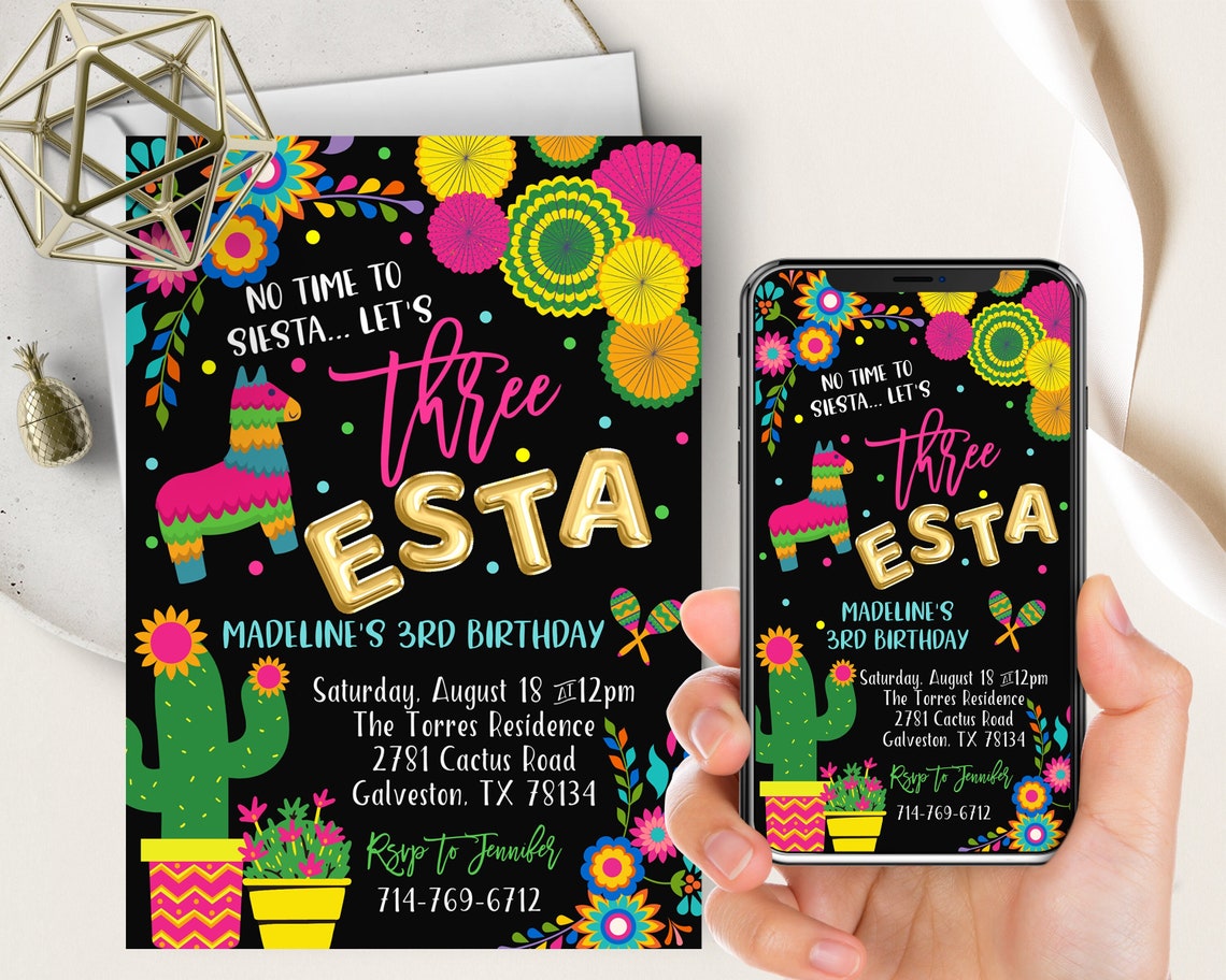 Three-esta Birthday Party Invitation, Let's Fiesta, Mexican Fiesta ...