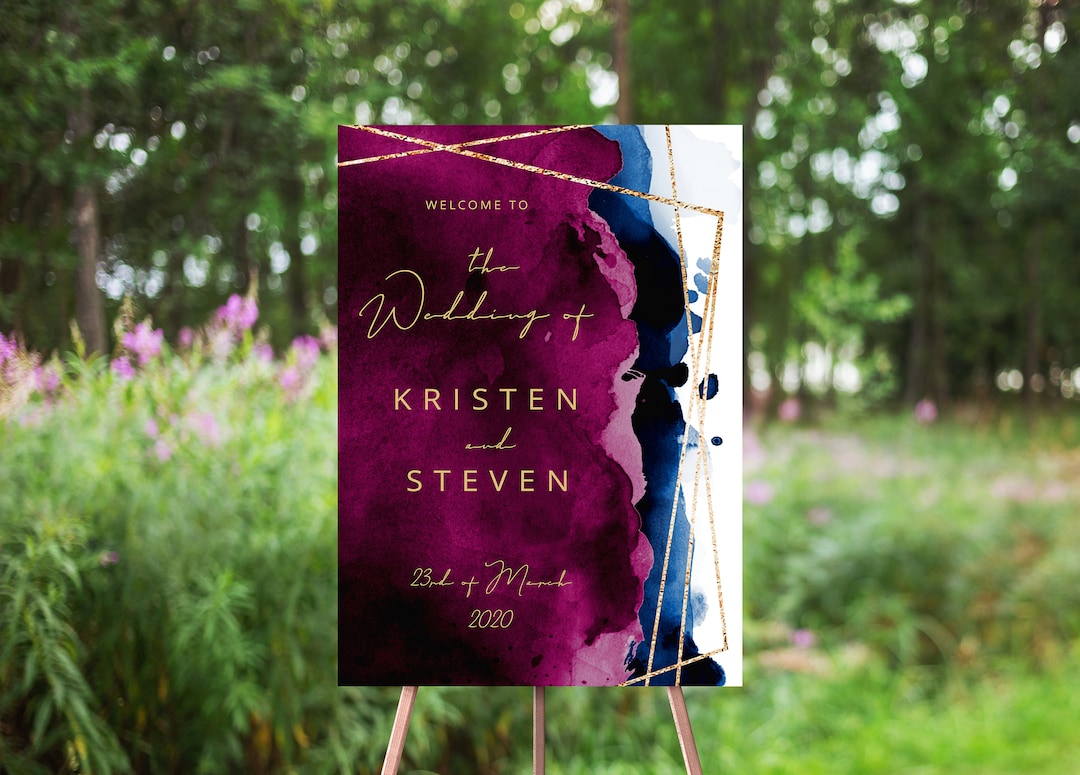 Sangria and Royal Blue Watercolor Splash Wedding Welcome Sign, Cobalt ...