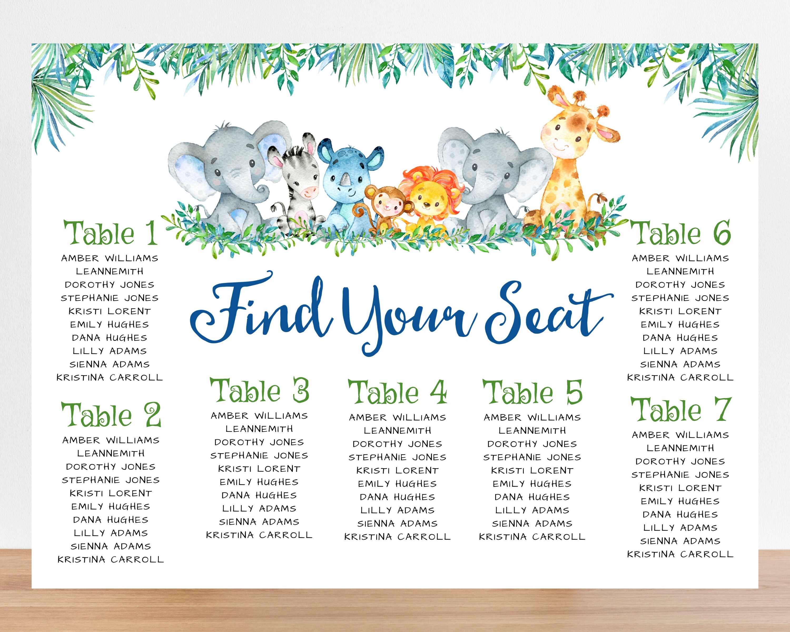 Safari Animals Seating Chart Baby Shower Table Seating Chart - Etsy