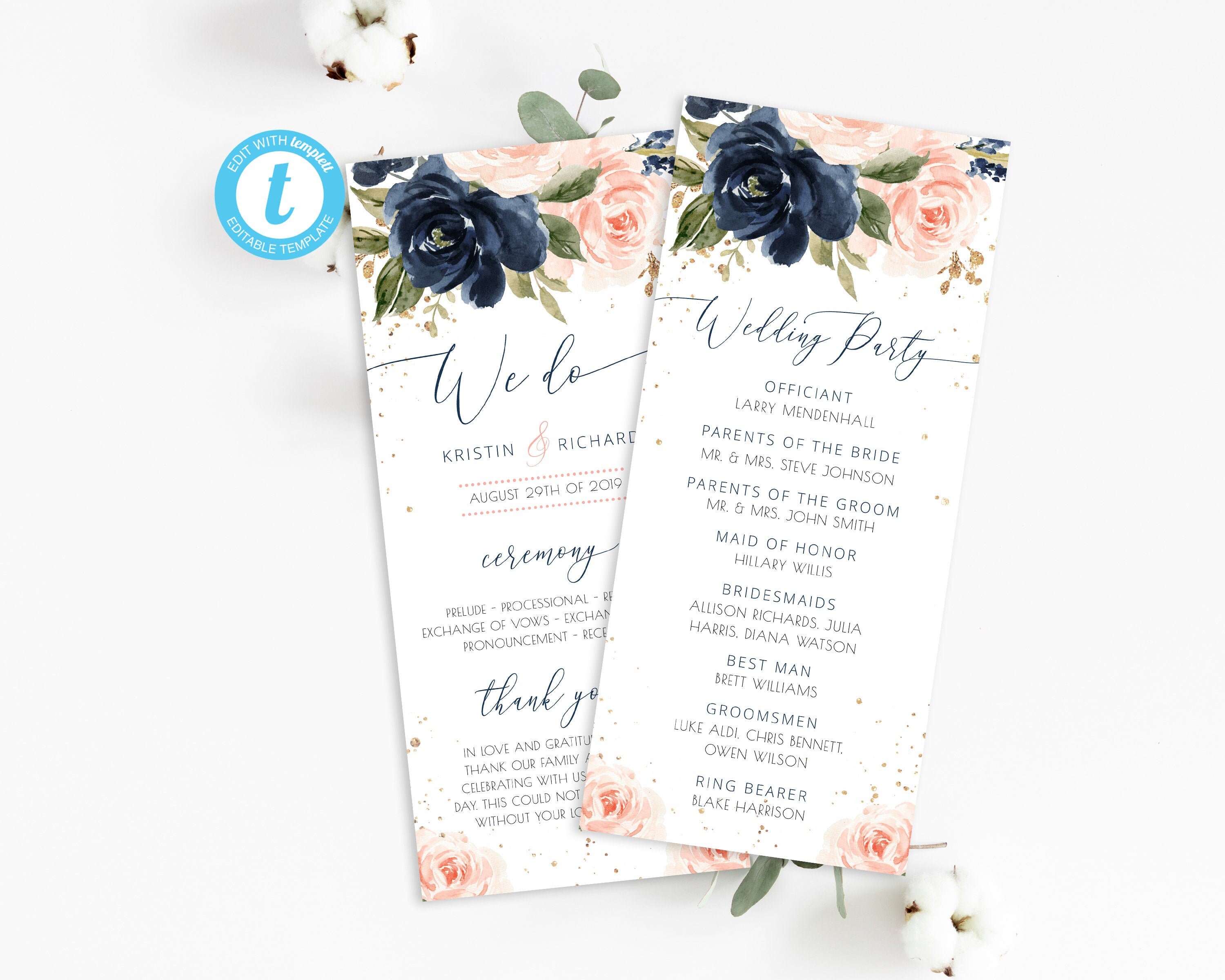 Blush Pink Navy Wedding Program Template Tea Length Floral - Etsy