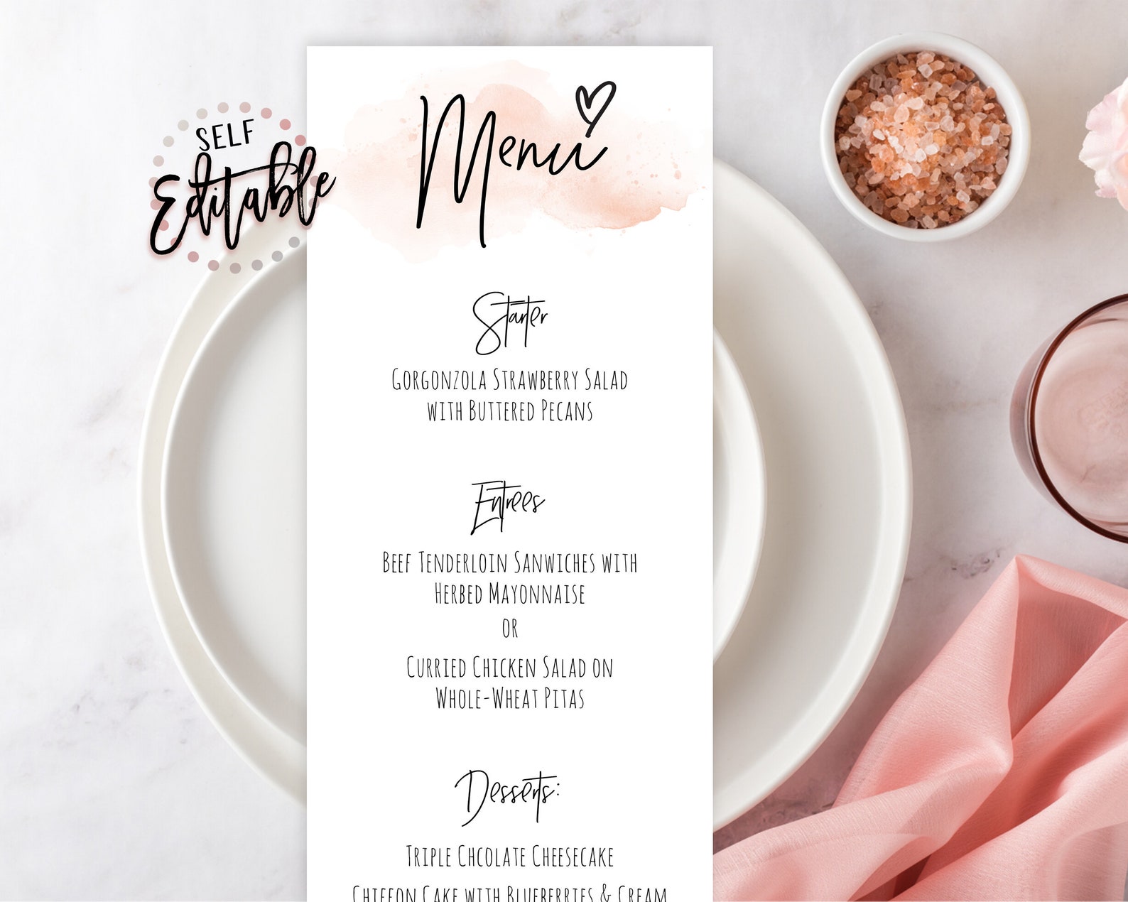 Blush Pink Watercolor Splash Menu Bridal Shower Wedding Menu | Etsy