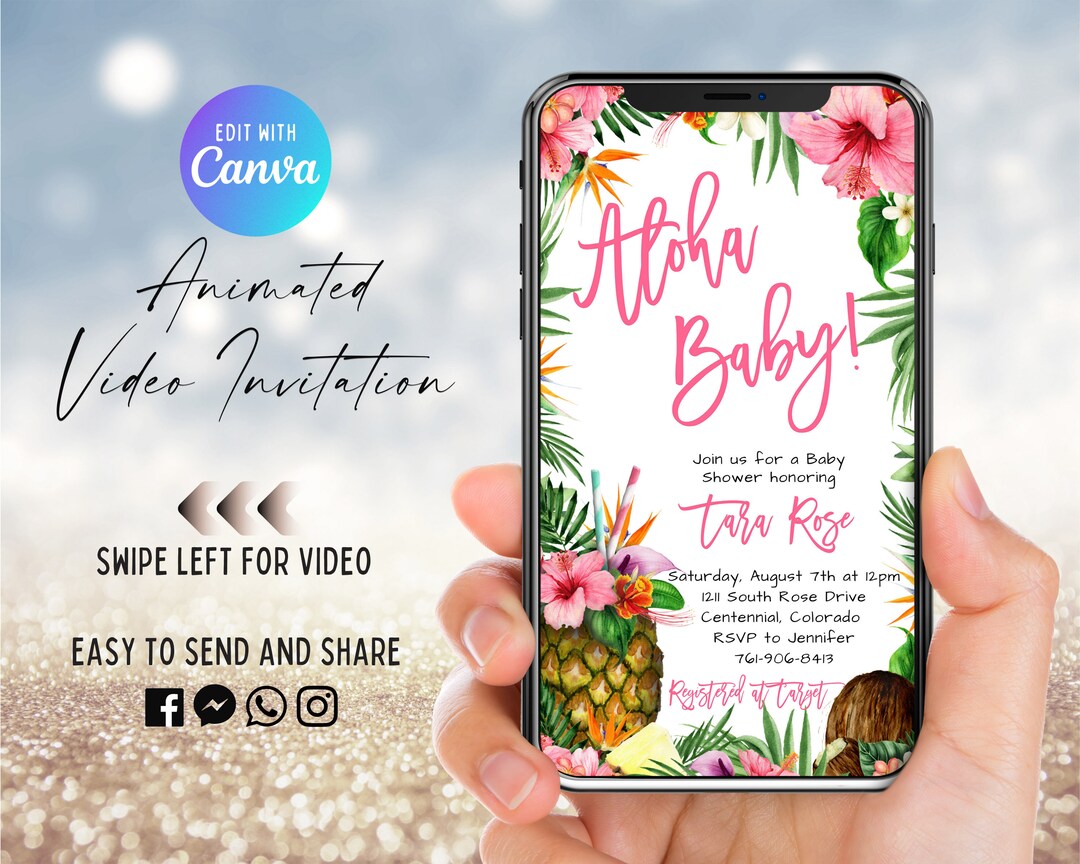 Pink Aloha Video Invitation, Animated Invite, Tropical Luau, Hawaiian ...