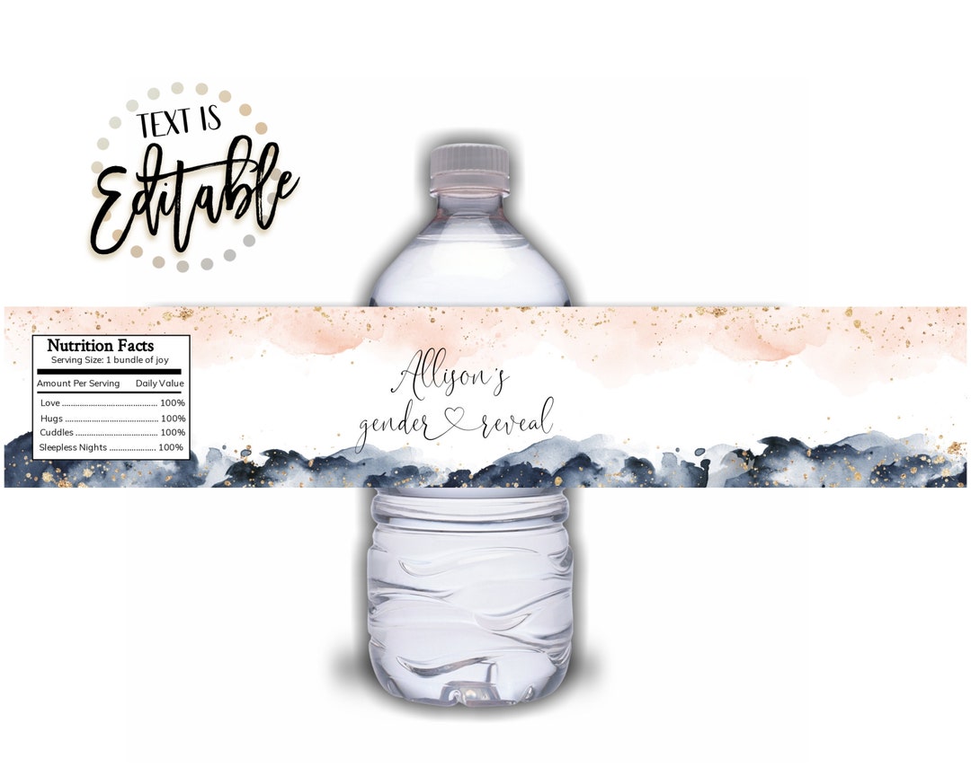Blush and Navy Watercolor, Printable Water Bottle Labels, Gender Reveal ...