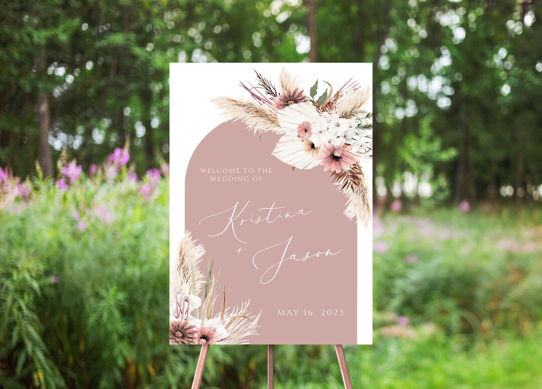 Boho Floral Wedding Welcome Sign: Mauve, Pampas Grass (24x36") - Etsy